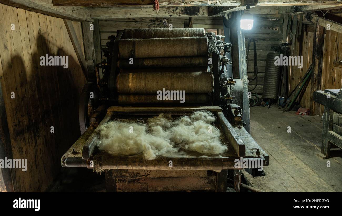 Old craft wood machine on the water mill used for wool Stock Photo - Alamy
