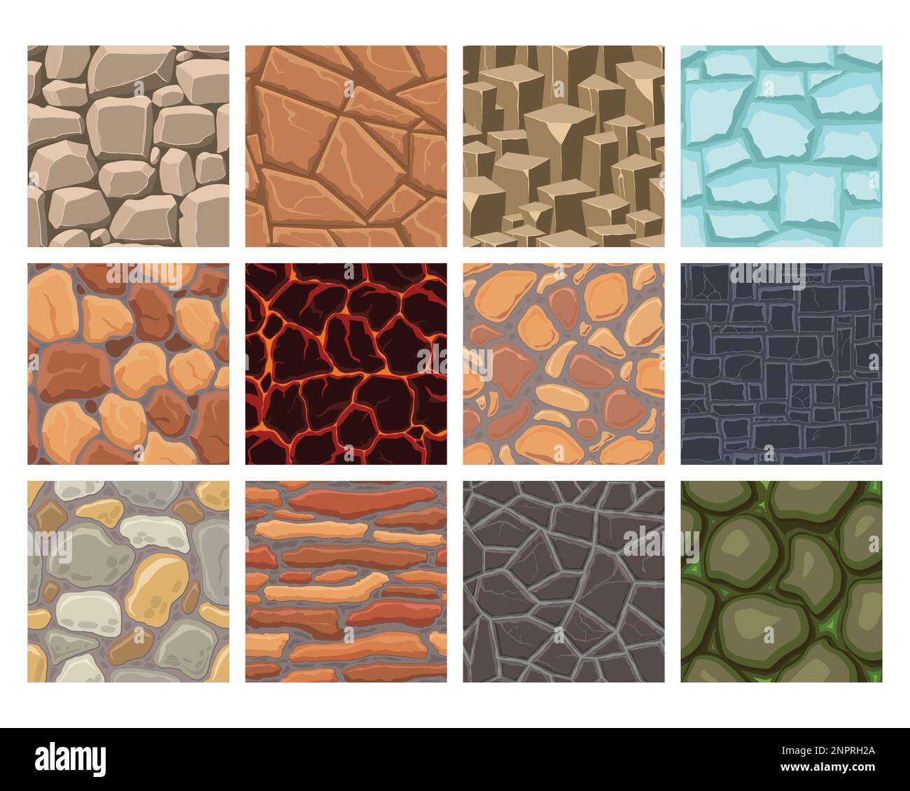 Cartoon game textures, lava, ice, rocks and brick, dirt and ground ...