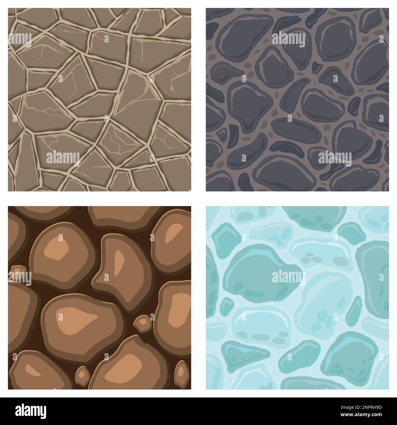 Cartoon game textures, ice, rocks and brick, dirt and ground surface ...