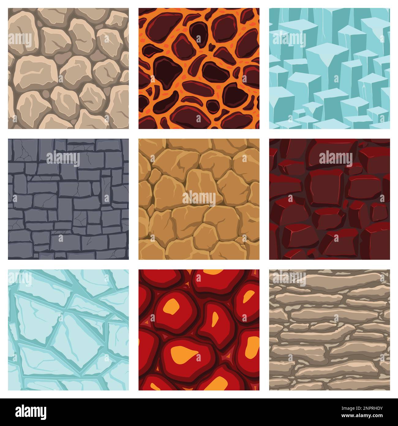 Cartoon game textures, lava, ice, rocks and brick, dirt and ground ...