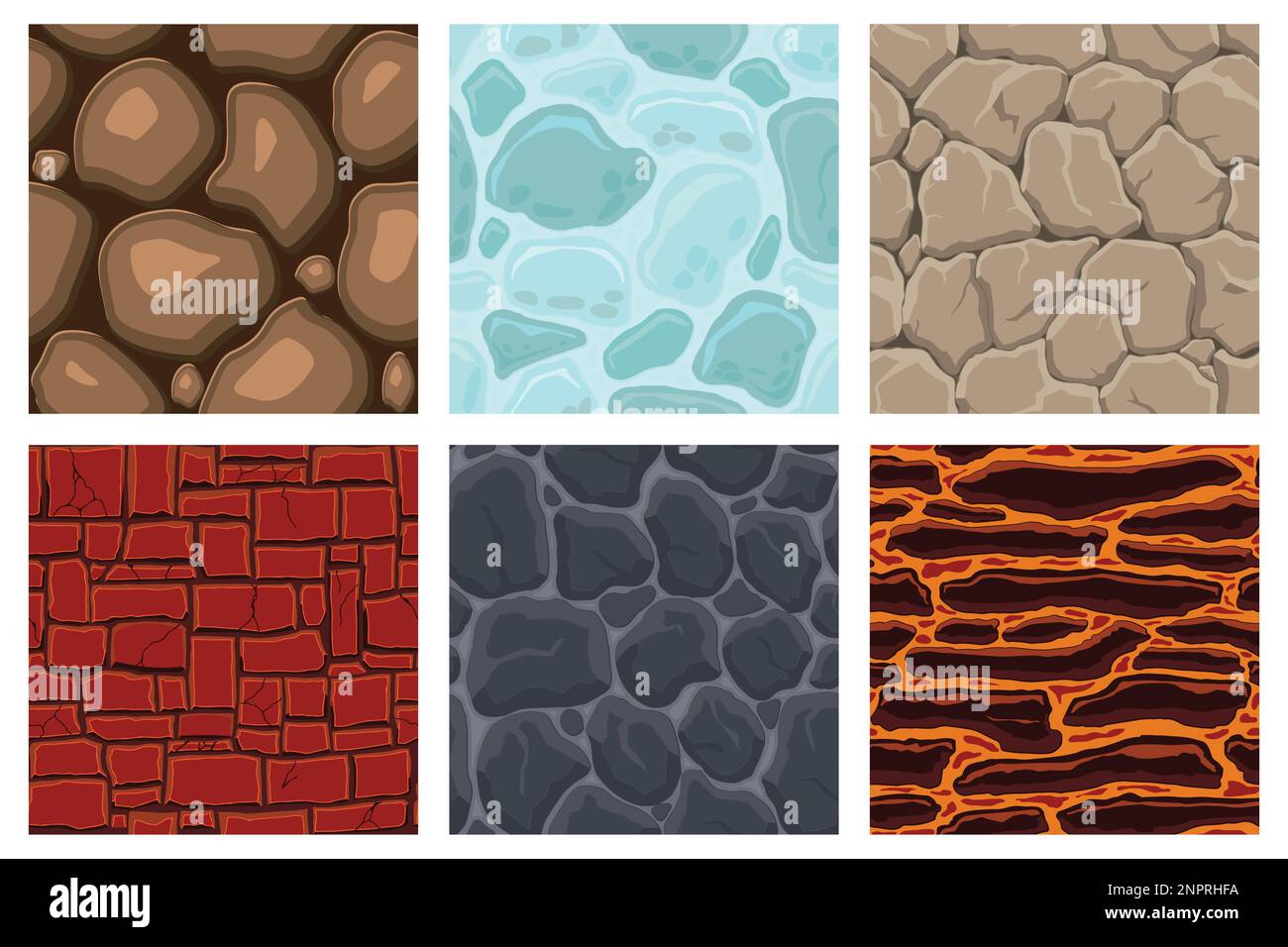 Cartoon game textures, lava, ice, rocks and brick, dirt and ground ...
