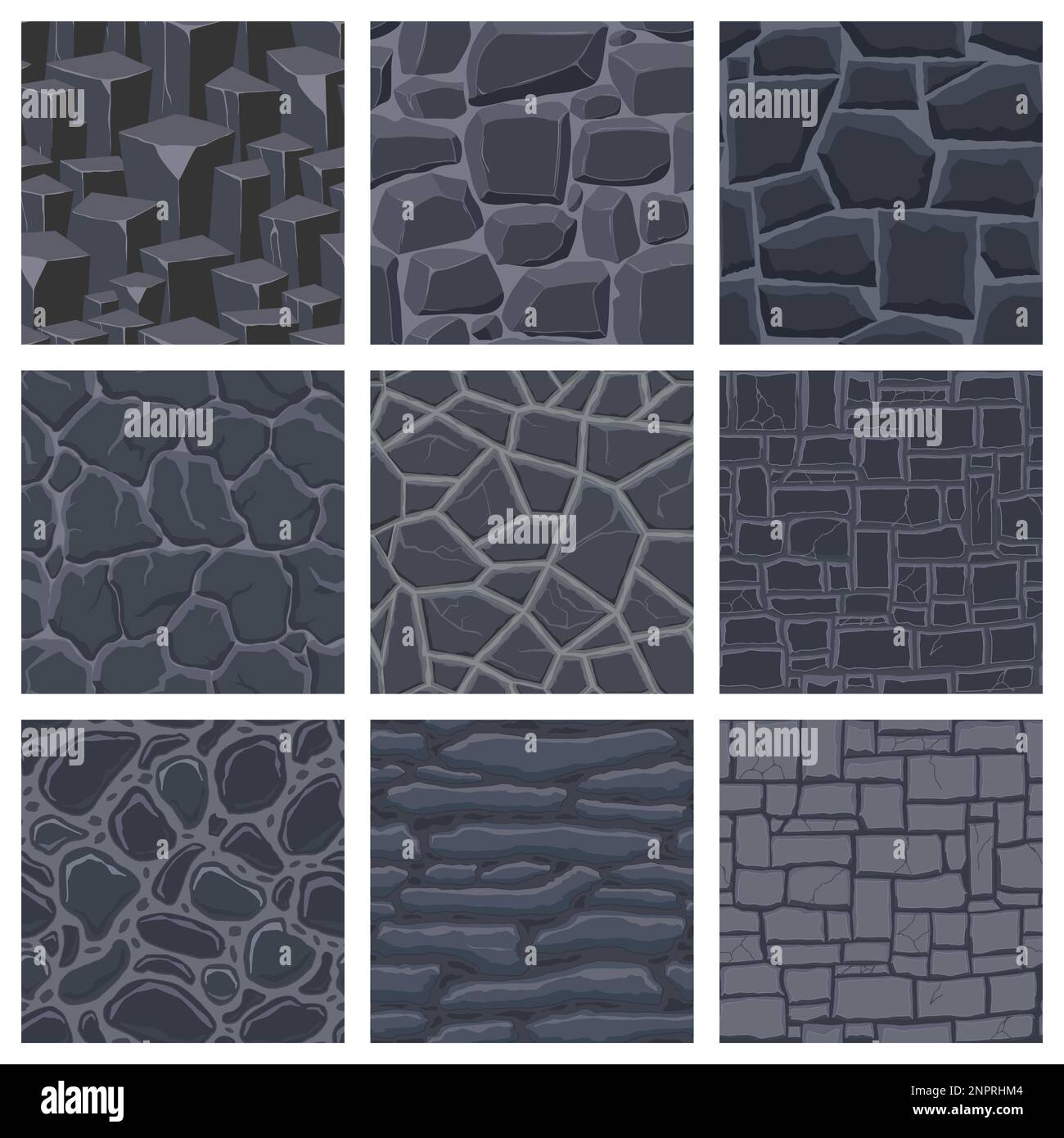 Cartoon game textures, rocks, dirt and ground surface seamless patterns ...