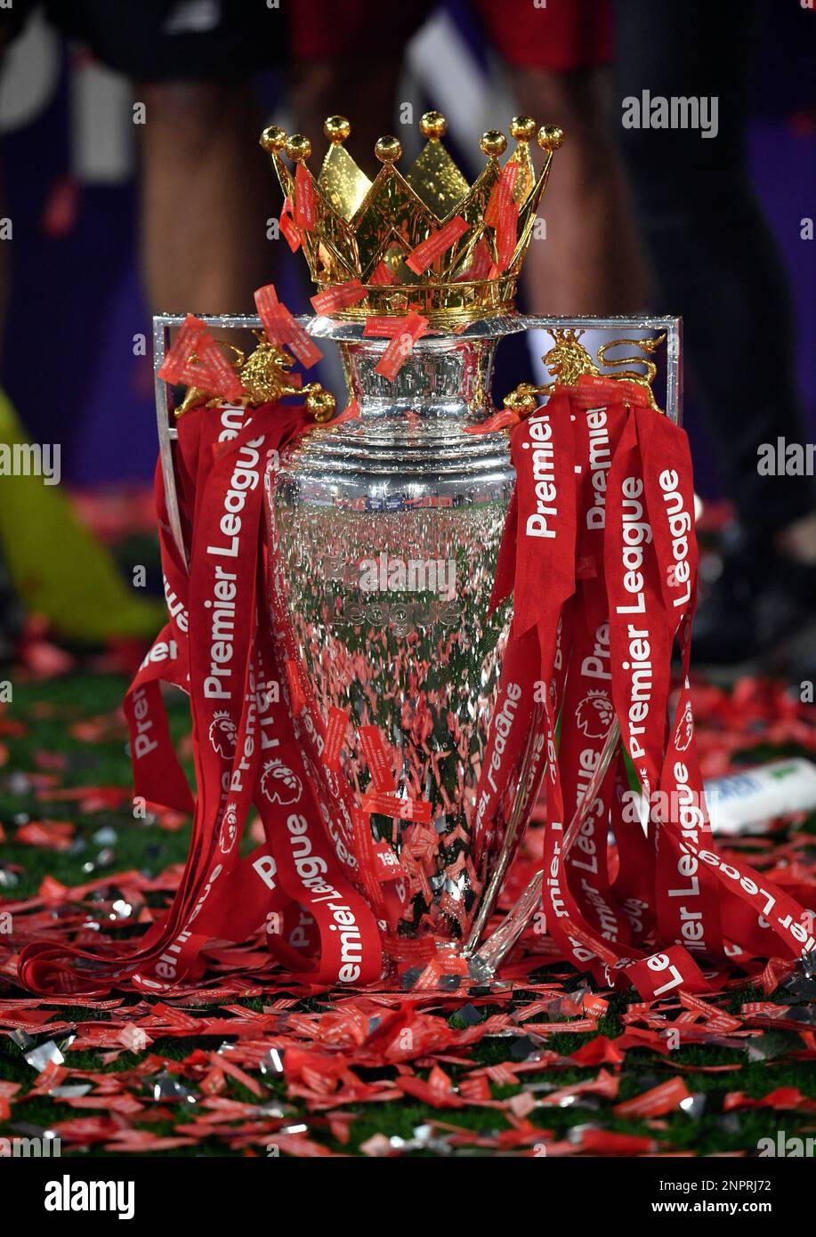 The English Premier League trophy is placed on the pitch after it was ...