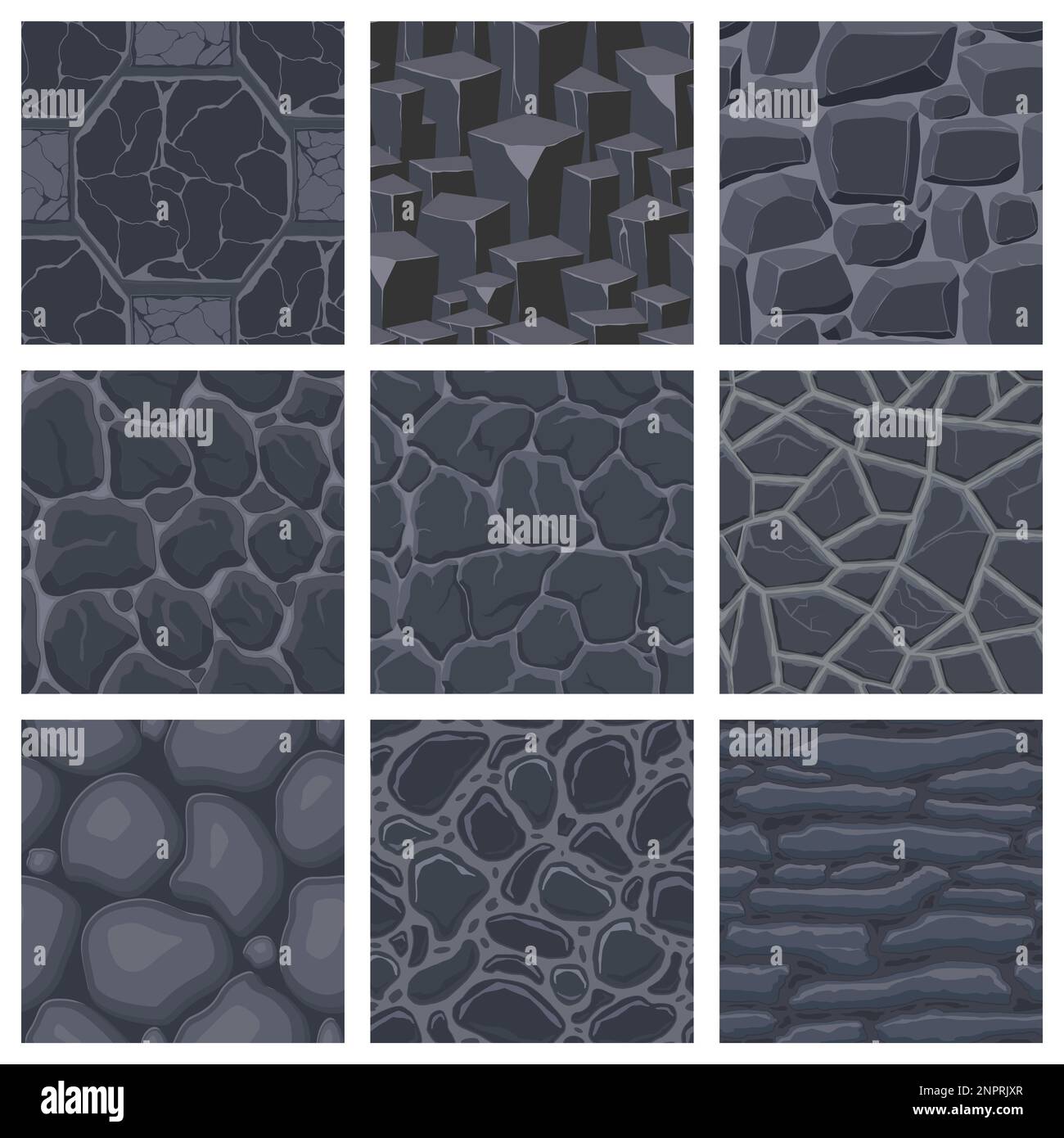 Cartoon game textures, rocks, dirt and ground surface seamless patterns ...