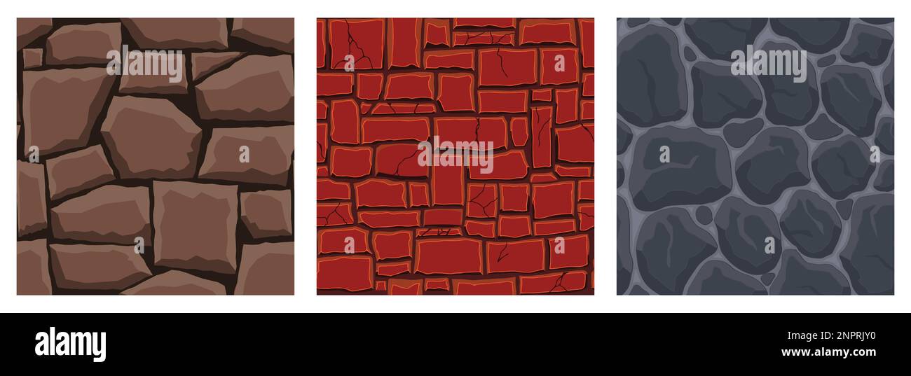 Cartoon game textures, lava, rocks and brick, dirt and ground surface ...