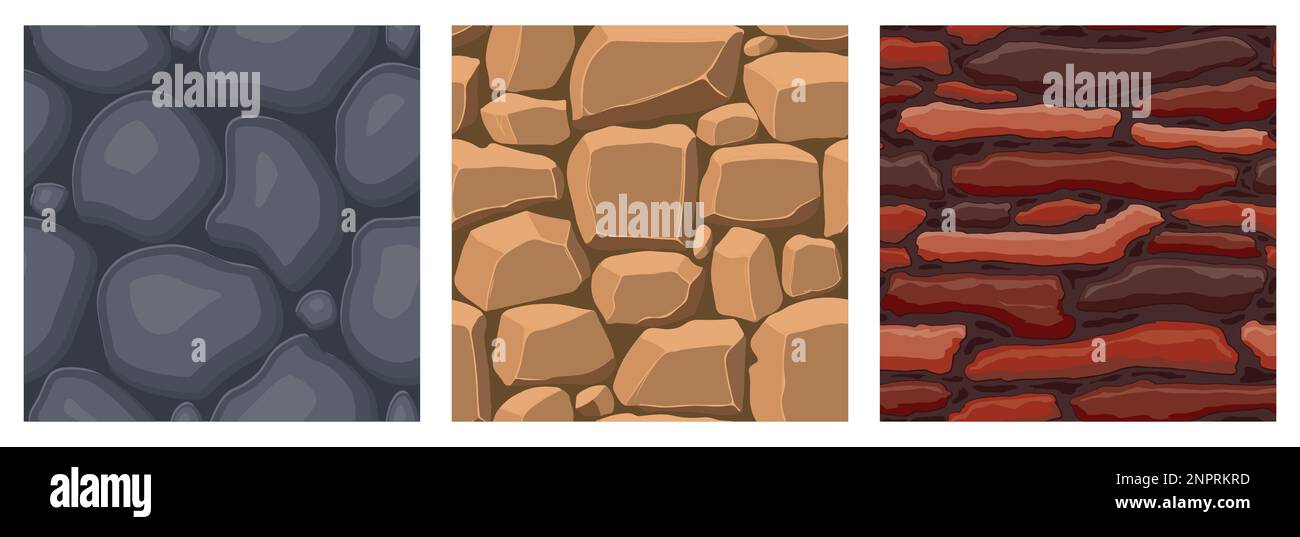 Cartoon game textures, rocks, dirt and ground surface seamless patterns ...