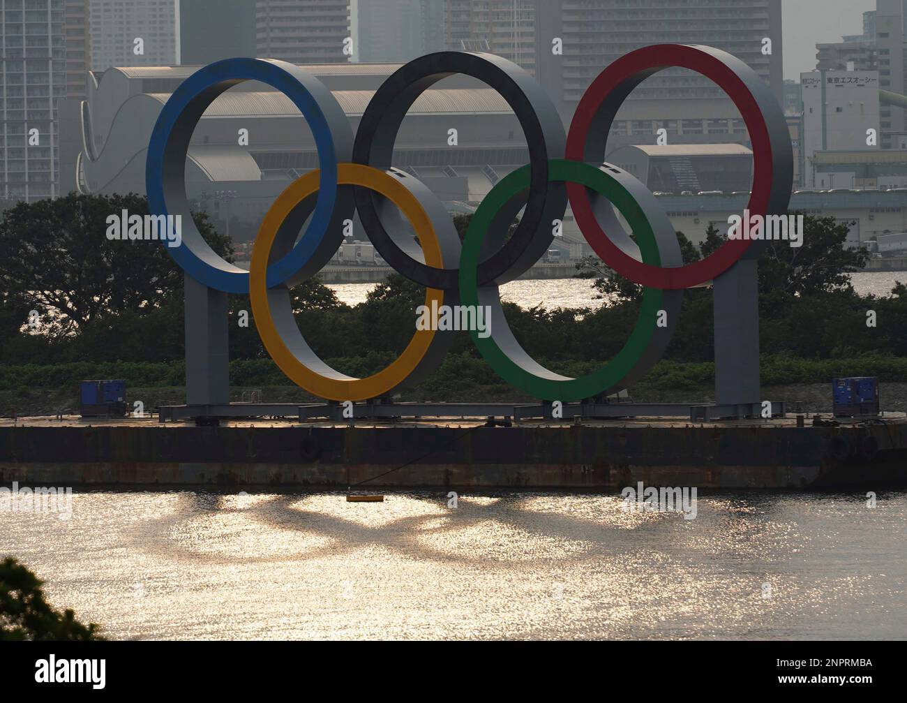 The five-ring Olympic emblem is displayed at Odaiba area in Tokyo on ...