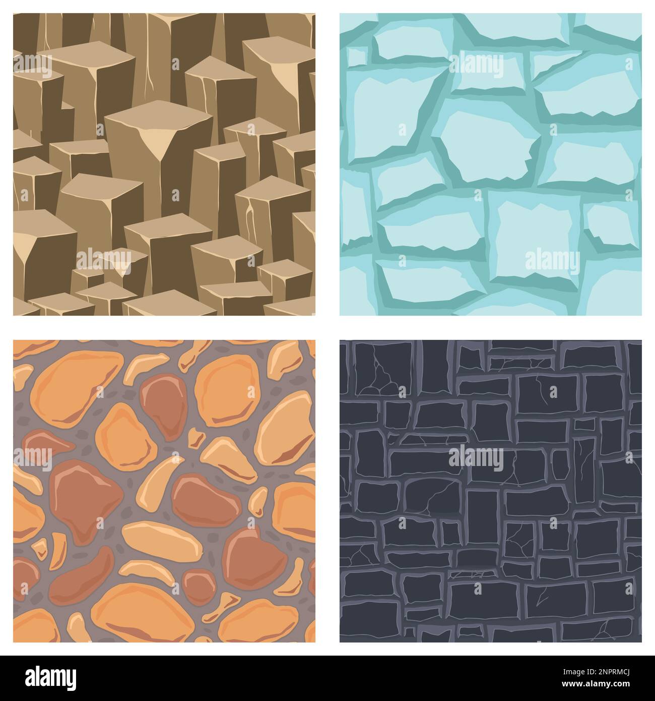 Cartoon game textures, ice, rocks and brick, dirt and ground surface ...