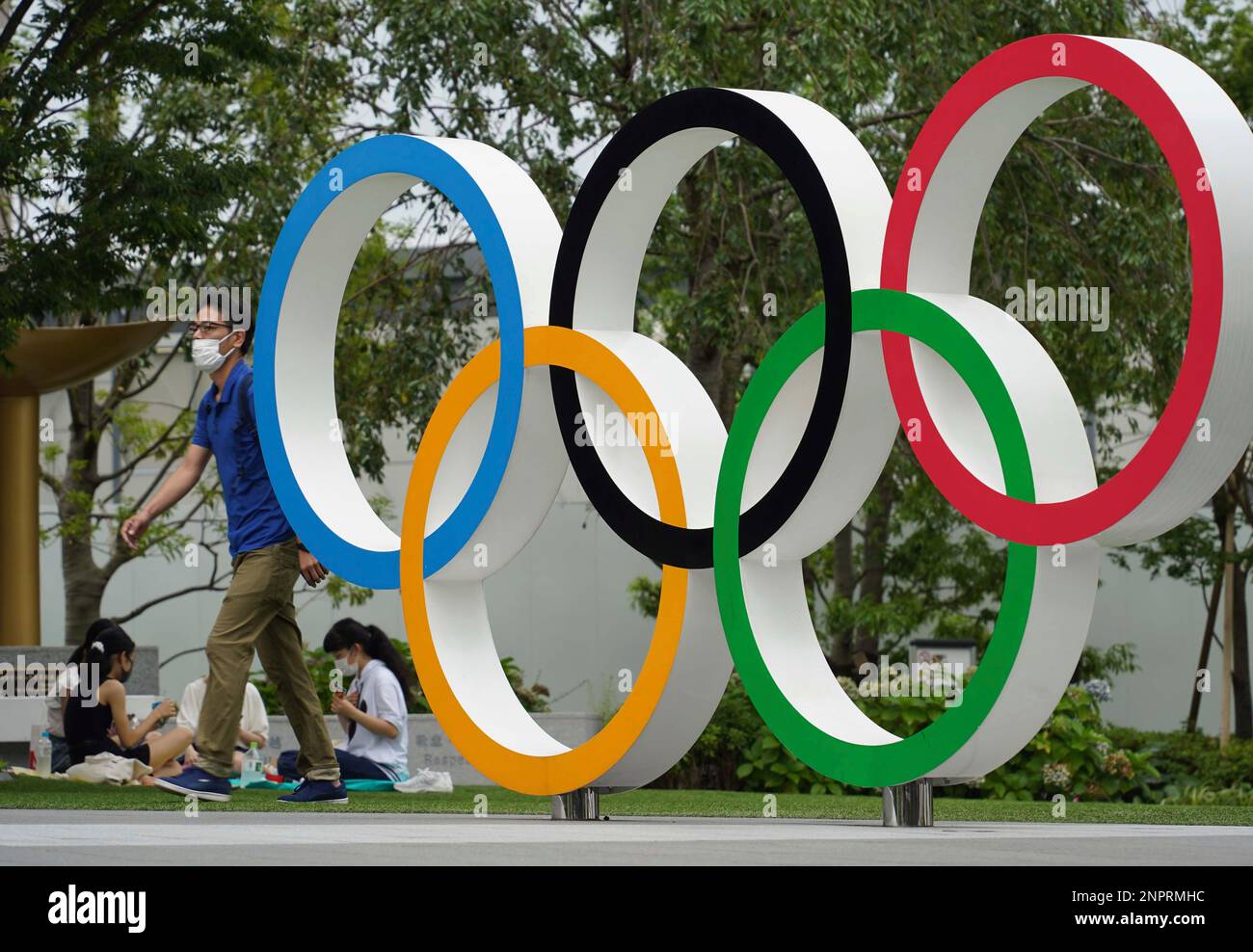 The five‐ring Olympic emblem is displayed near the national stadium, a ...