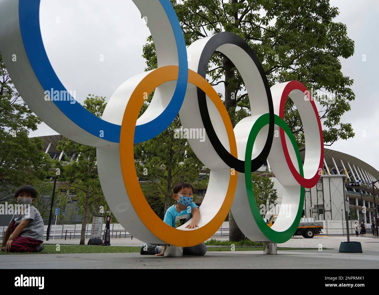 The five‐ring Olympic emblem is displayed near the national stadium, a ...