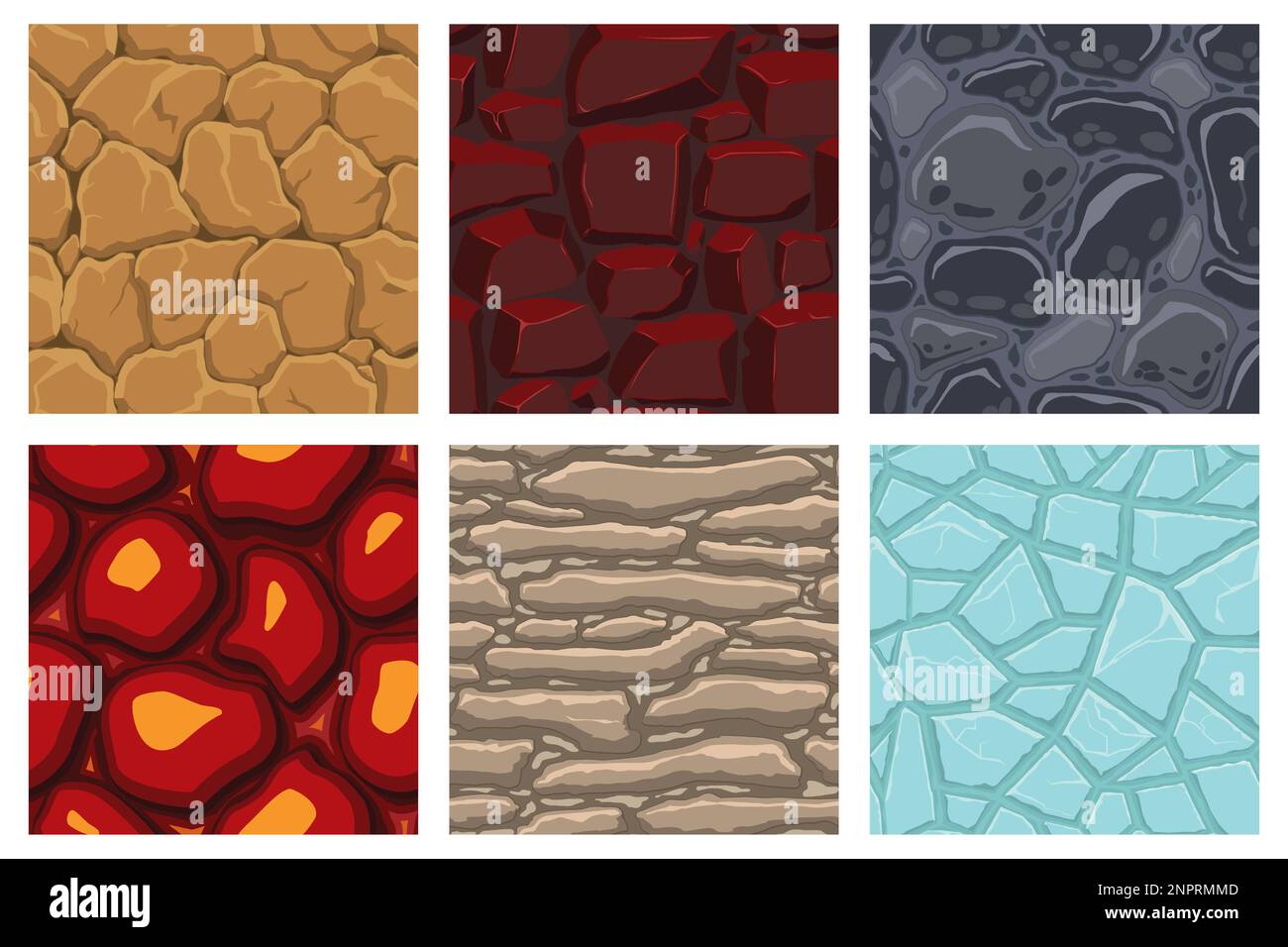 Cartoon game textures, lava, ice, rocks and brick, dirt and ground ...