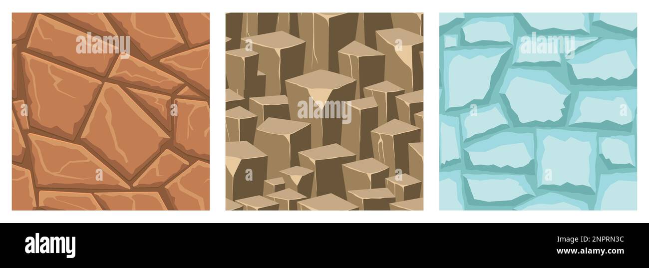Cartoon game textures, ice, rocks and brick, dirt and ground surface ...