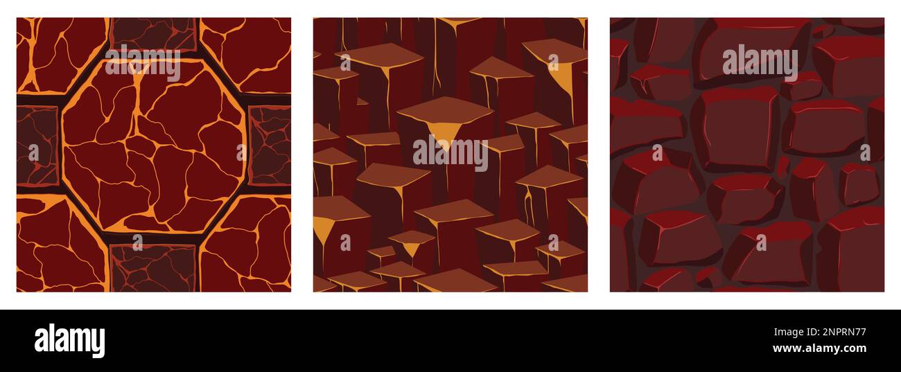 Cartoon game textures, lava surface seamless patterns. Game assets walls and environment ...