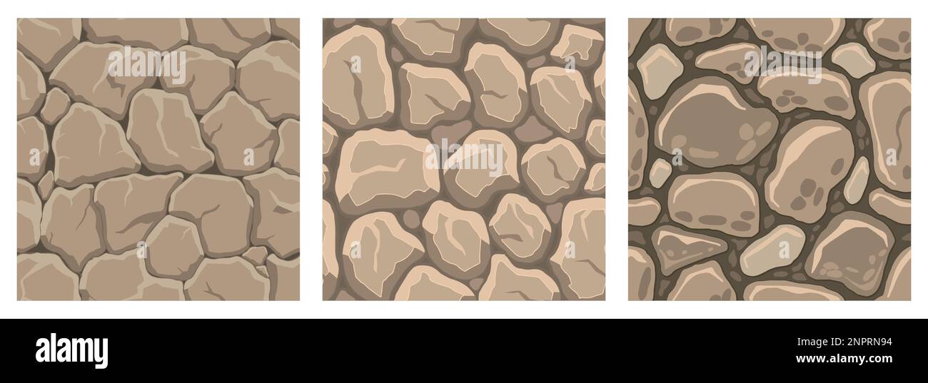 Cartoon game textures, rocks, dirt and ground surface seamless patterns ...
