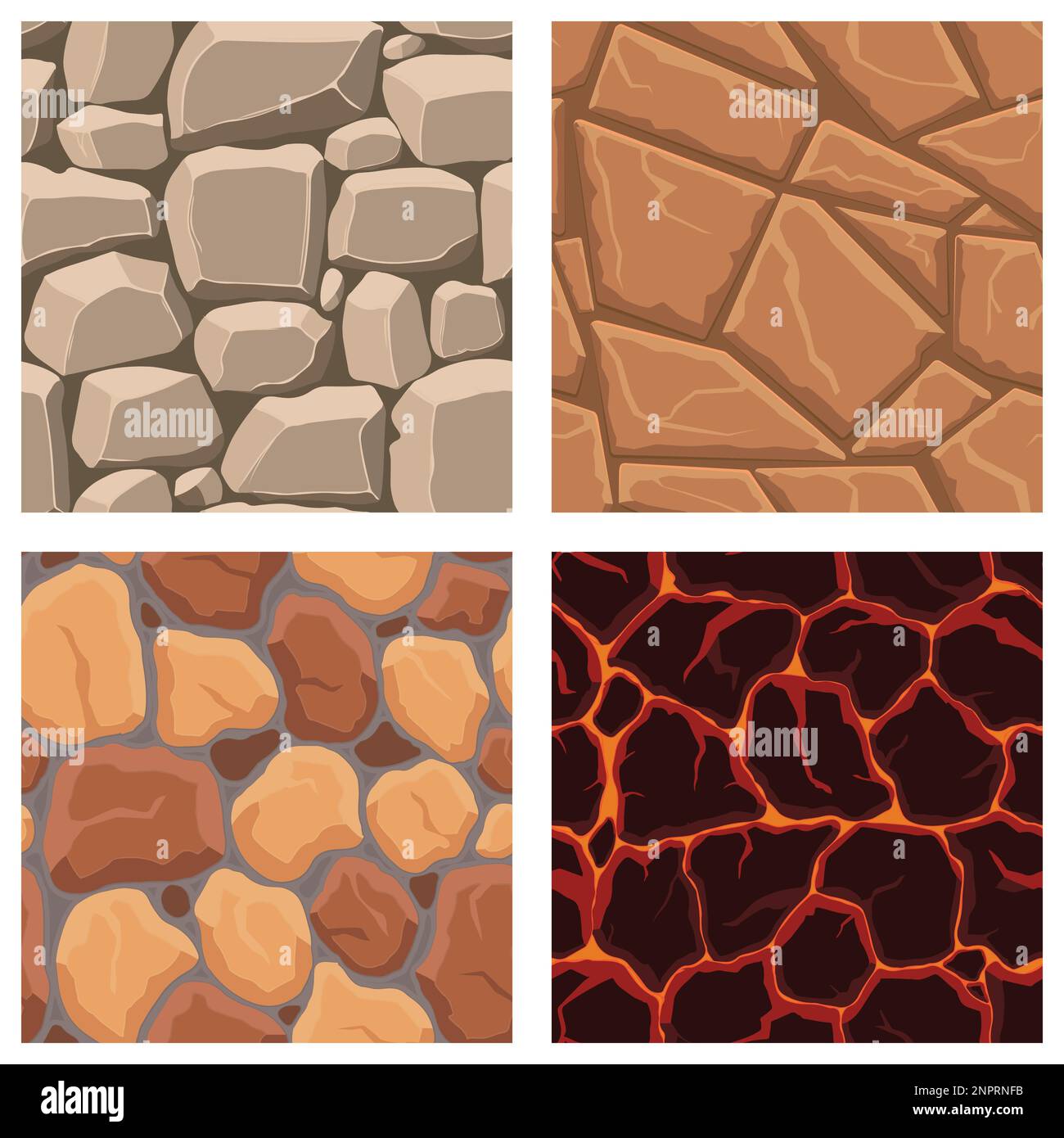Cartoon game textures, lava, rocks and brick, dirt and ground surface ...