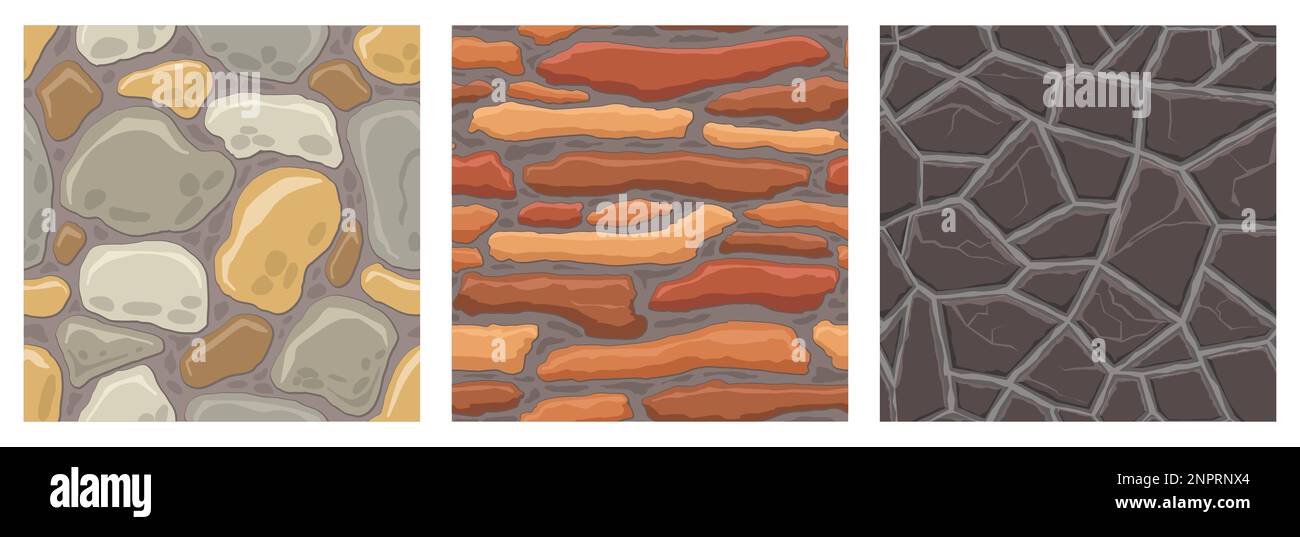 Cartoon game textures, rocks, dirt and ground surface seamless patterns ...