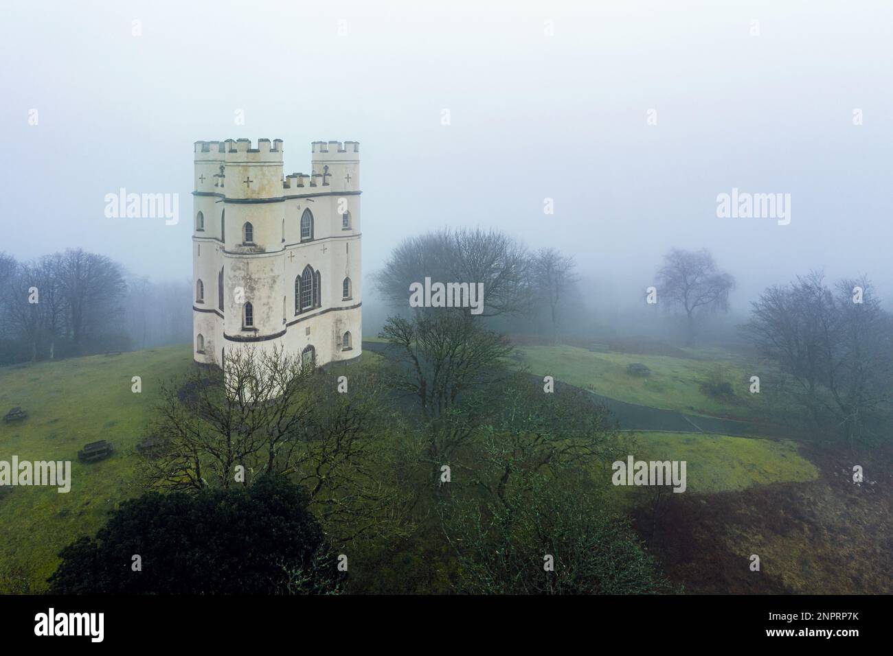 Misty morning over Haldon Belvedere from a drone, Lawrence Castle ...