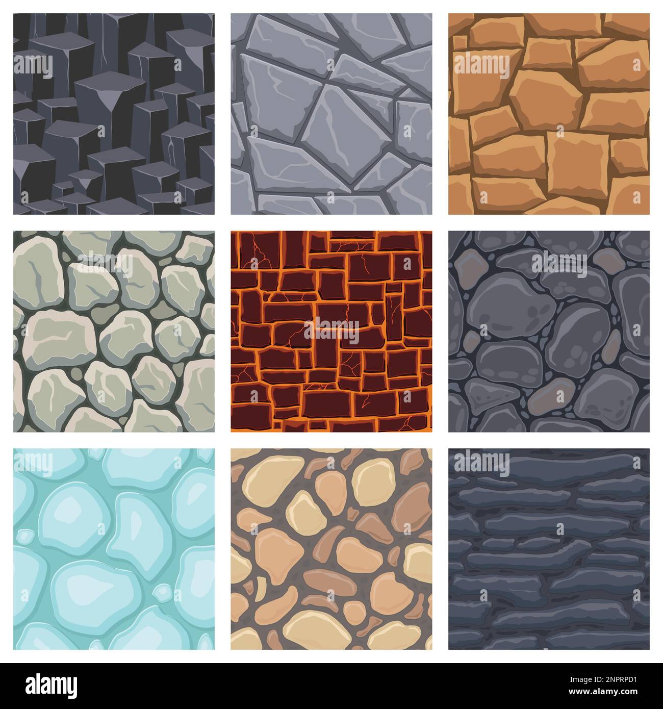 Cartoon game textures, lava, ice, rocks and brick, dirt and ground ...