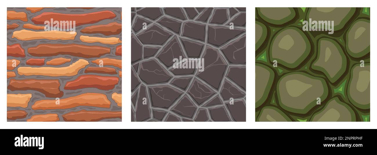 Cartoon game textures, rocks, dirt and ground surface seamless patterns ...