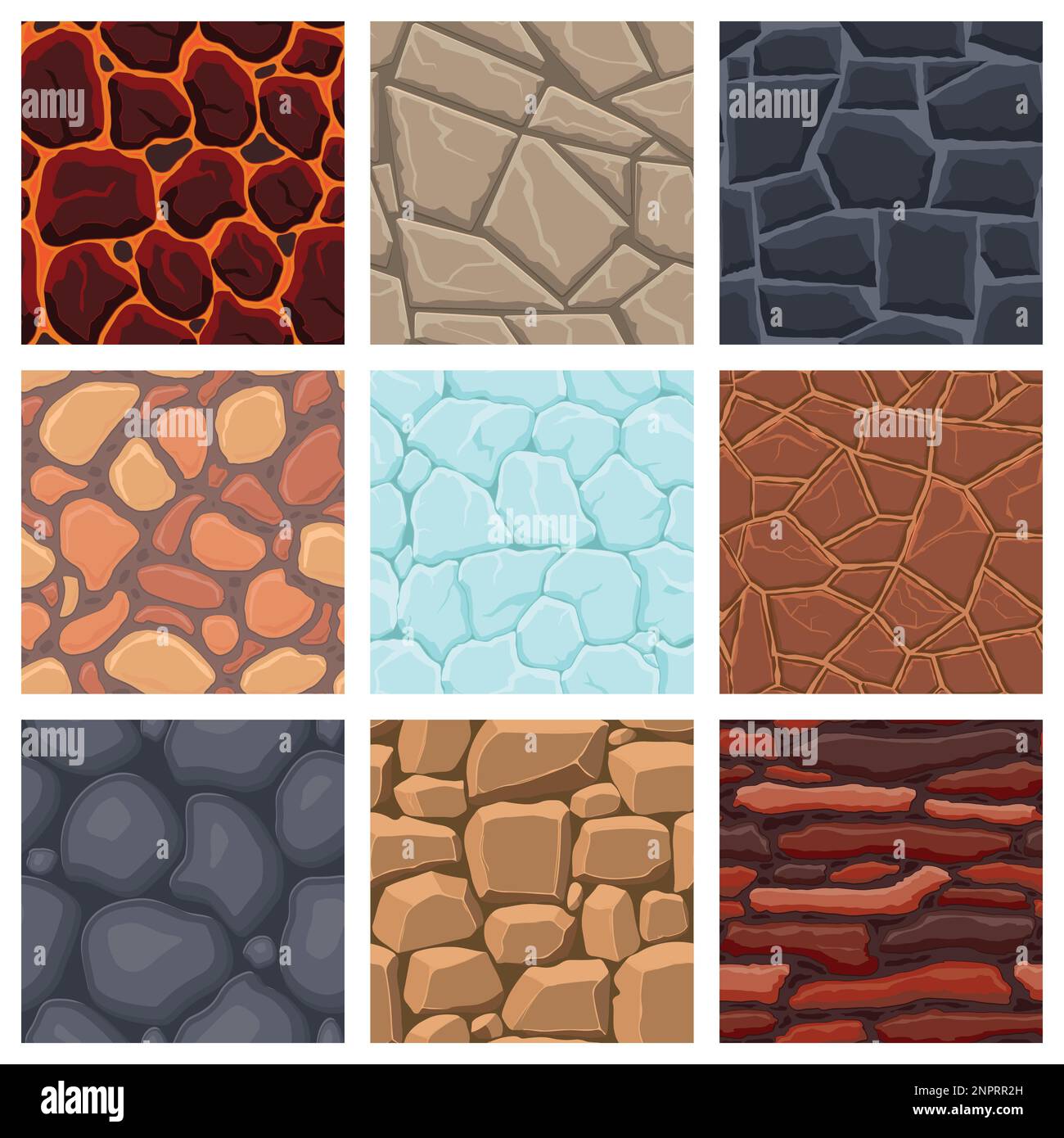 Cartoon game textures, lava, ice, rocks and brick, dirt and ground ...