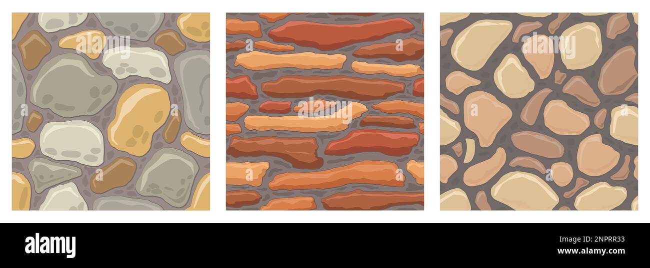 Cartoon game textures, rocks, dirt and ground surface seamless patterns ...