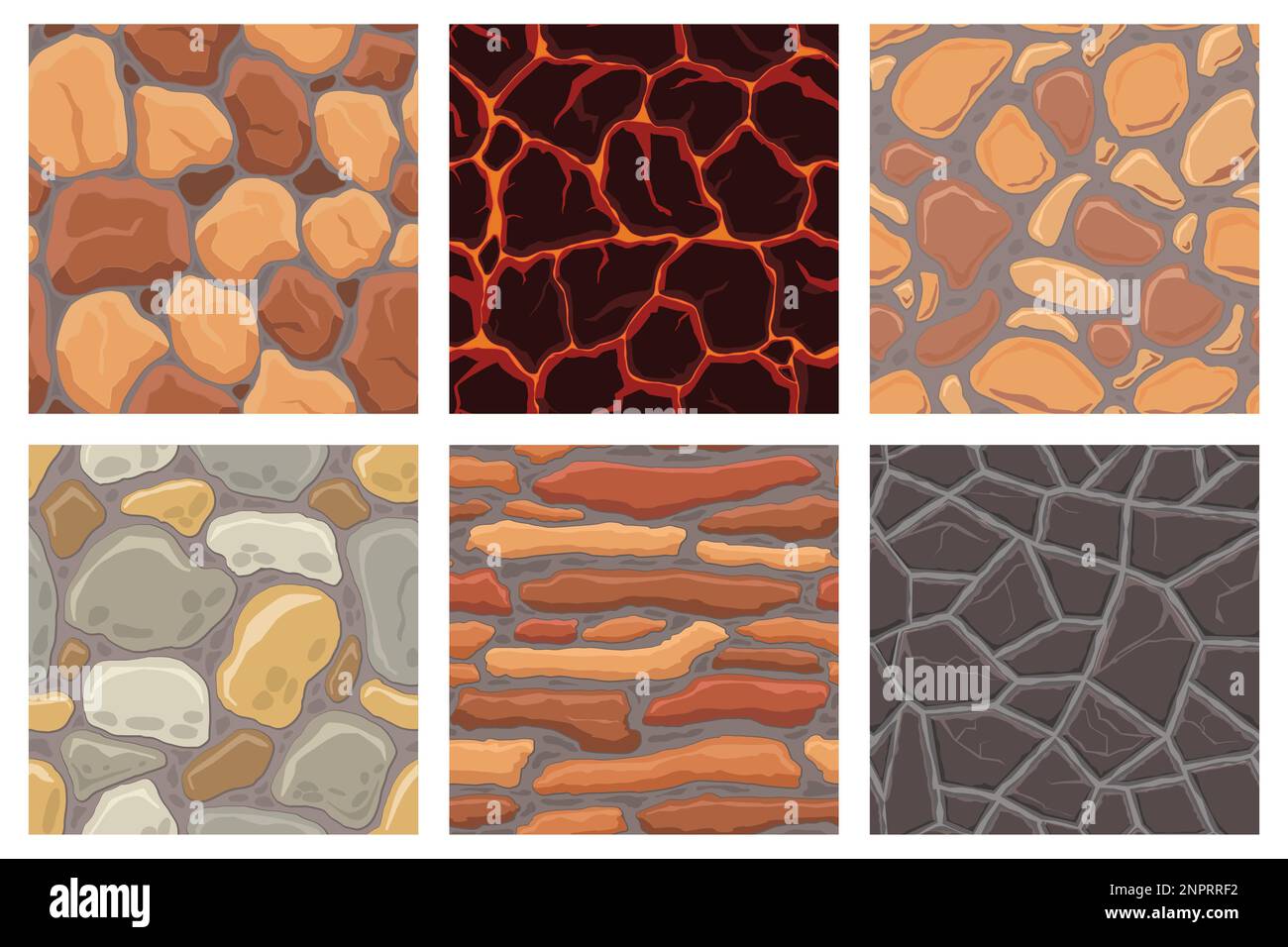 Cartoon game textures, lava, rocks and brick, dirt and ground surface seamless patterns. Game ...