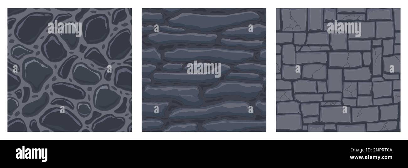 Cartoon game textures, rocks, dirt and ground surface seamless patterns ...