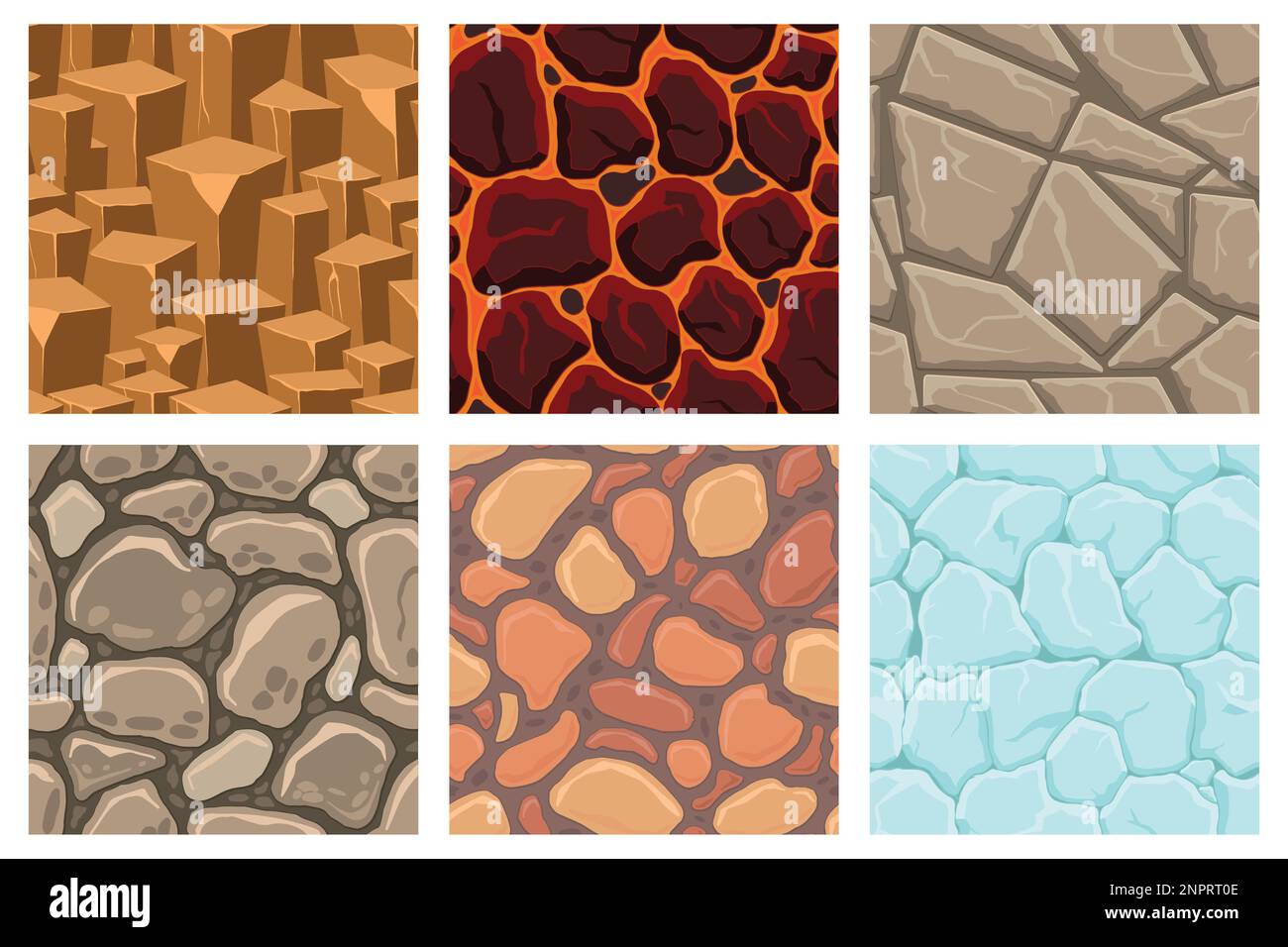 Cartoon game textures, lava, ice, rocks and brick, dirt and ground ...