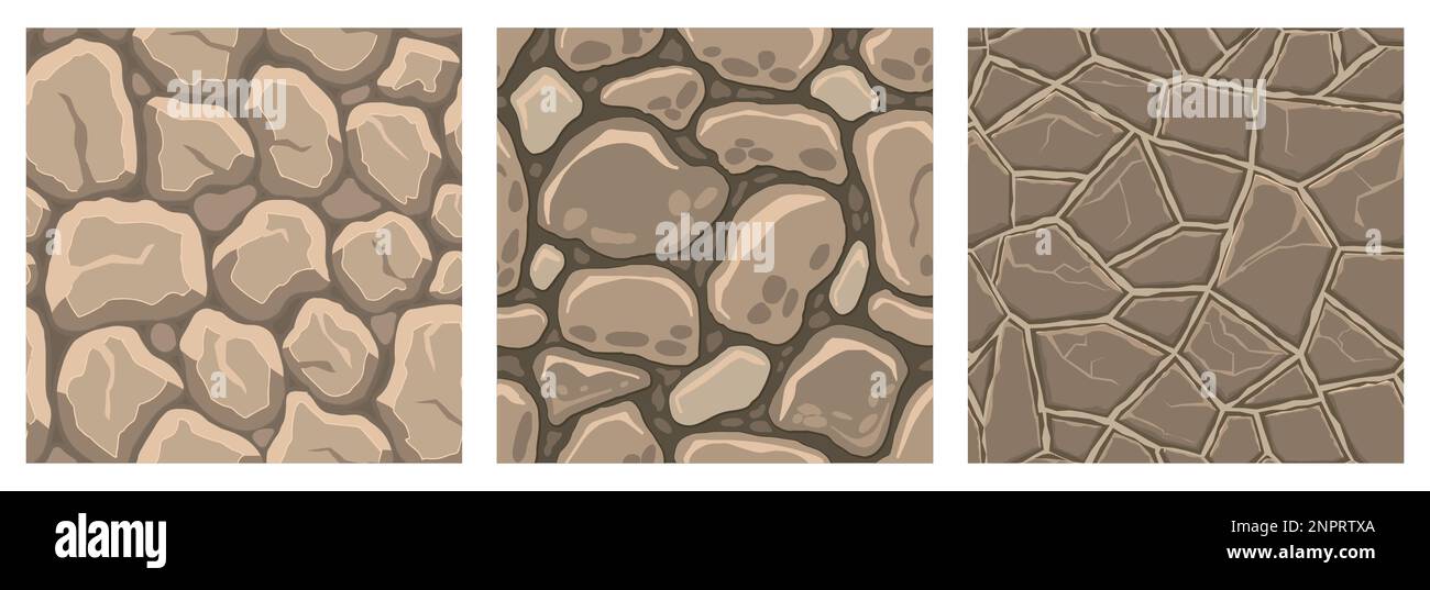Cartoon game textures, rocks, dirt and ground surface seamless patterns ...