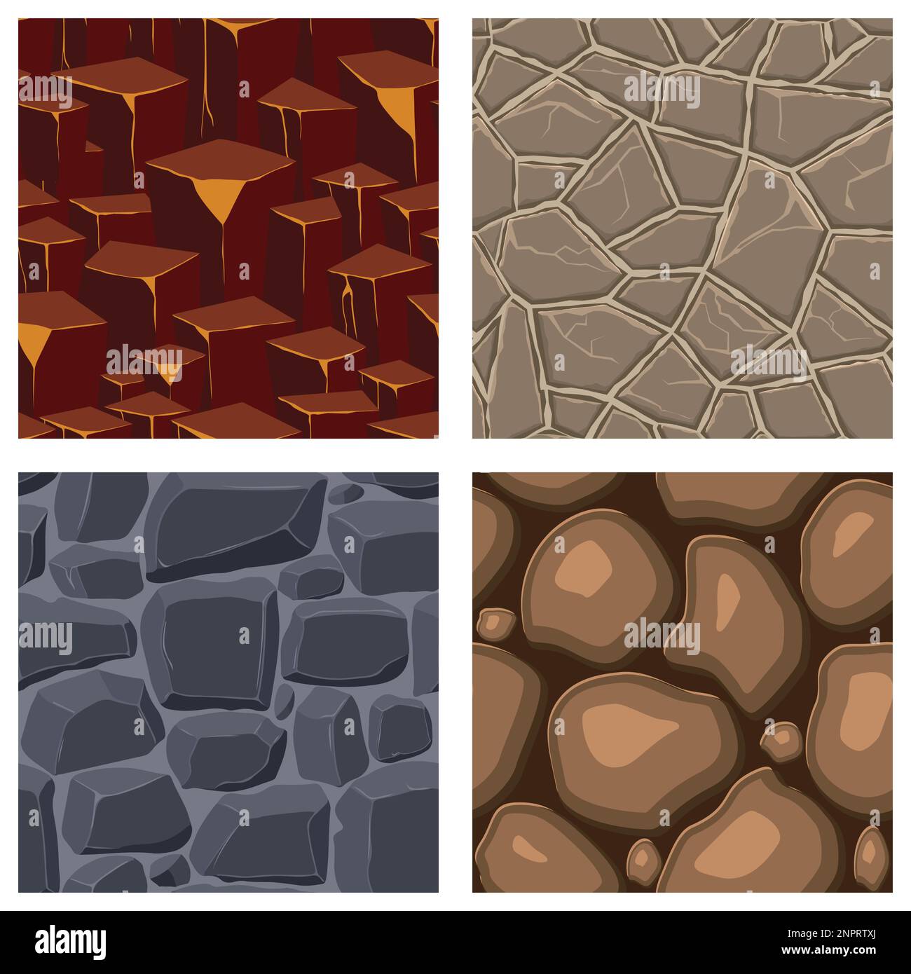 Cartoon game textures, lava, rocks and brick, dirt and ground surface ...
