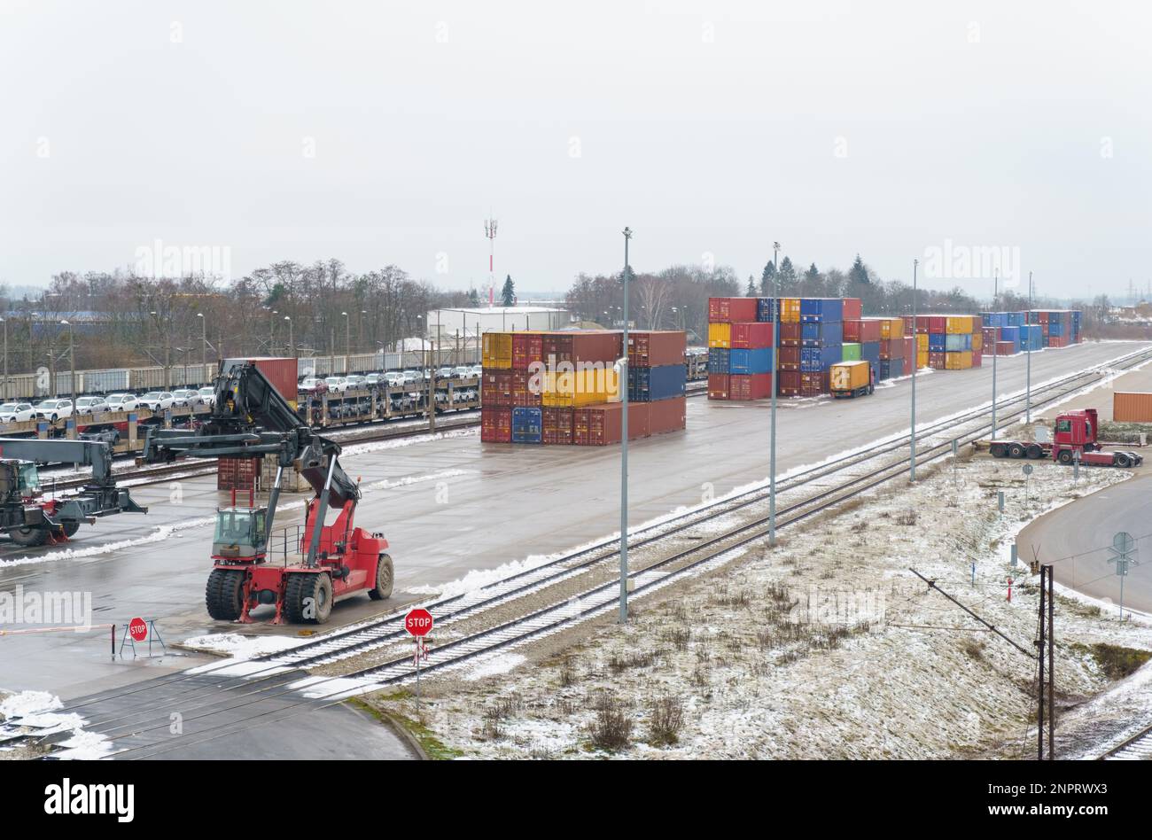 The loader stands on the site waiting for unloading or loading of cargo ...
