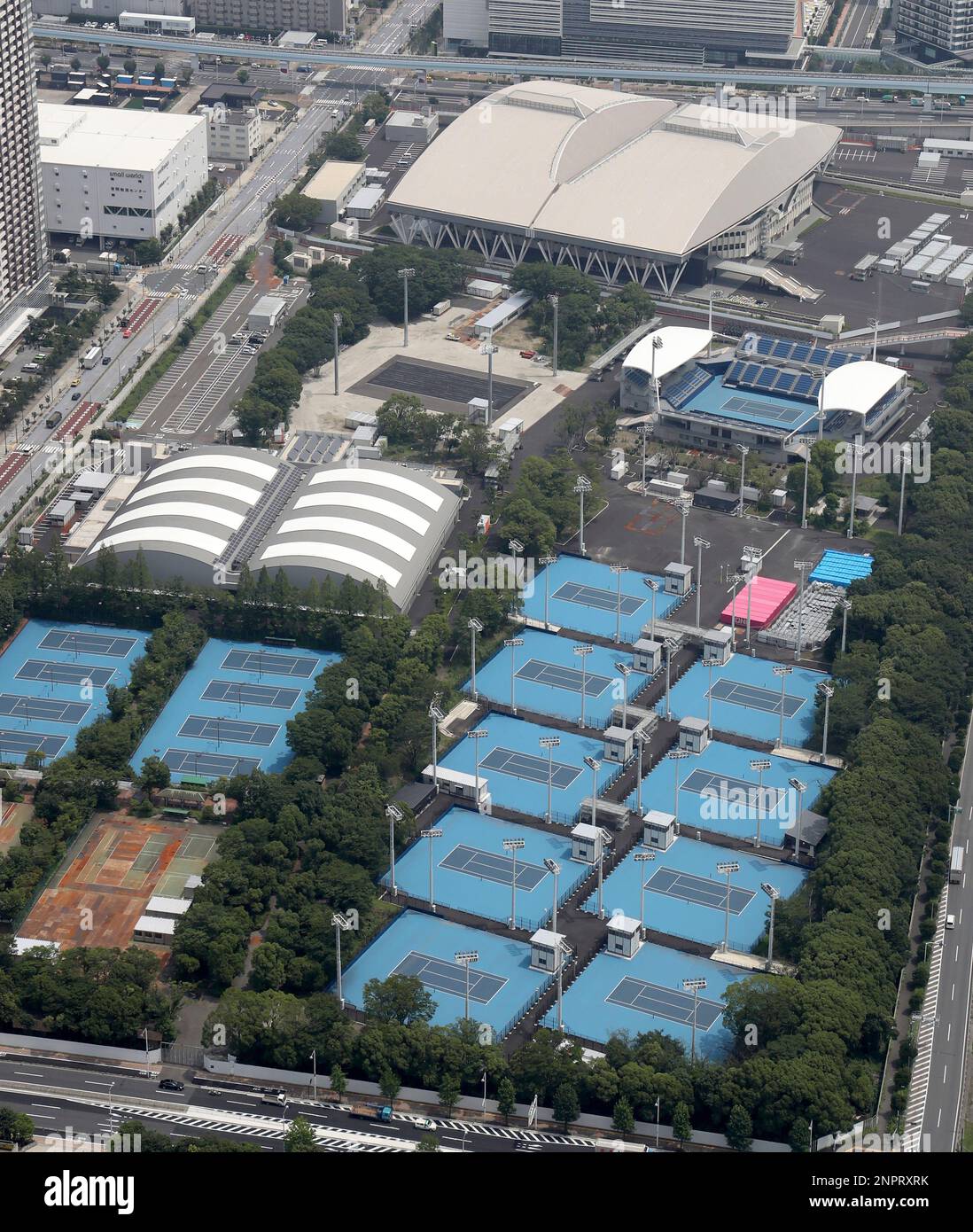 An aerial photo shows Ariake Tennis Park in Tokyo on July 20, 2020 ...