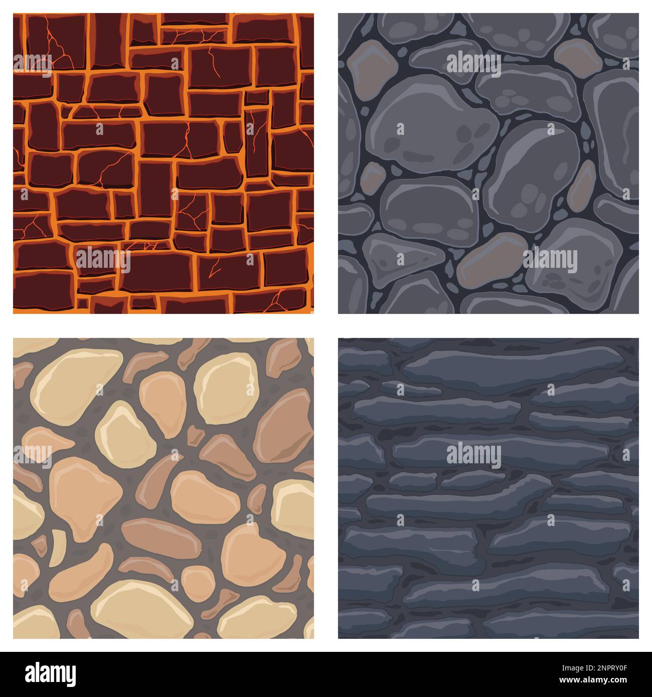 Cartoon game textures, lava, rocks and brick, dirt and ground surface ...