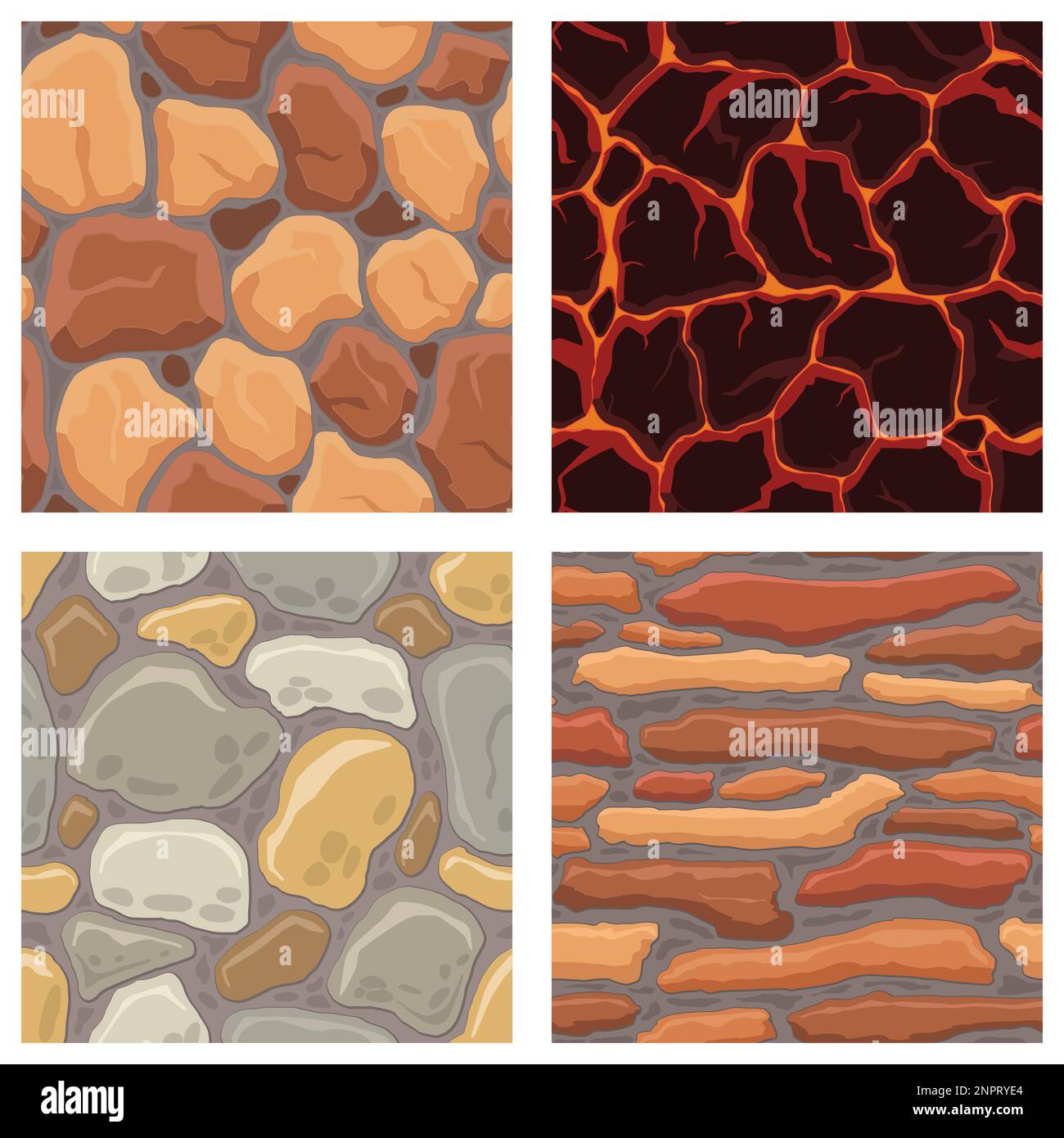 Cartoon game textures, lava, rocks and brick, dirt and ground surface ...