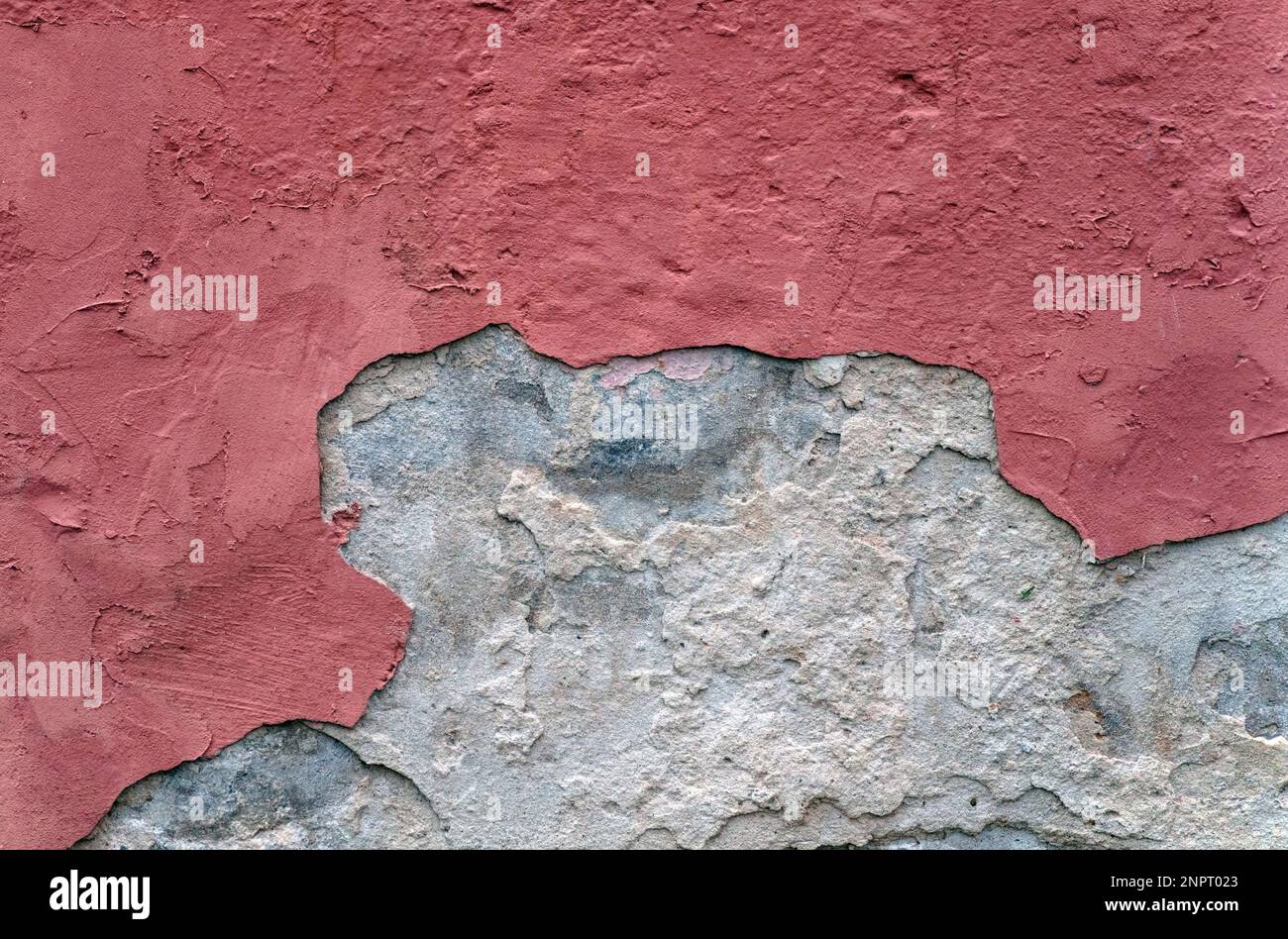 Texture of destroyed red plaster on a concrete wall. Background ...