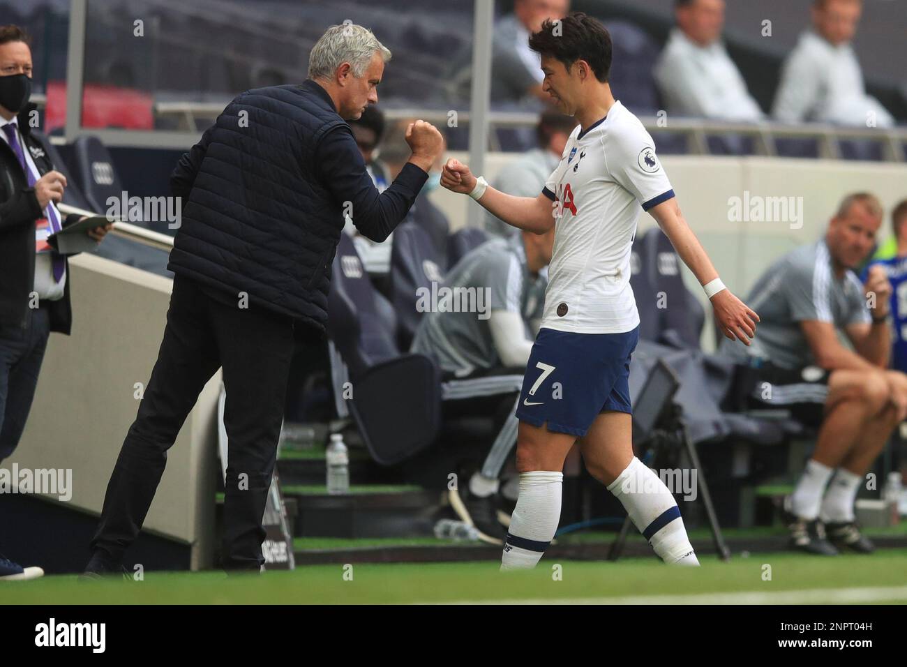 Tottenham's manager Jose Mourinho greets Tottenham's Son Heung-min during the English Premier ...