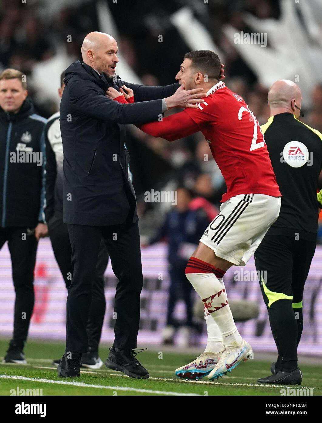 Manchester United manager Erik ten Hag (left) and Diogo Dalot celebrate ...