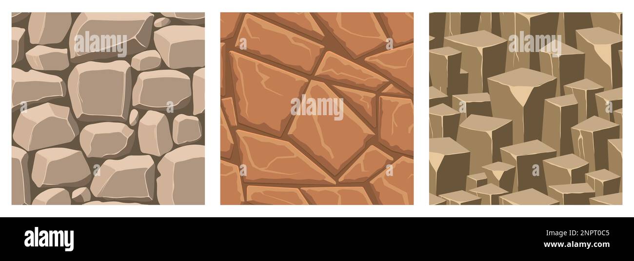 Cartoon game textures, rocks, dirt and ground surface seamless patterns ...