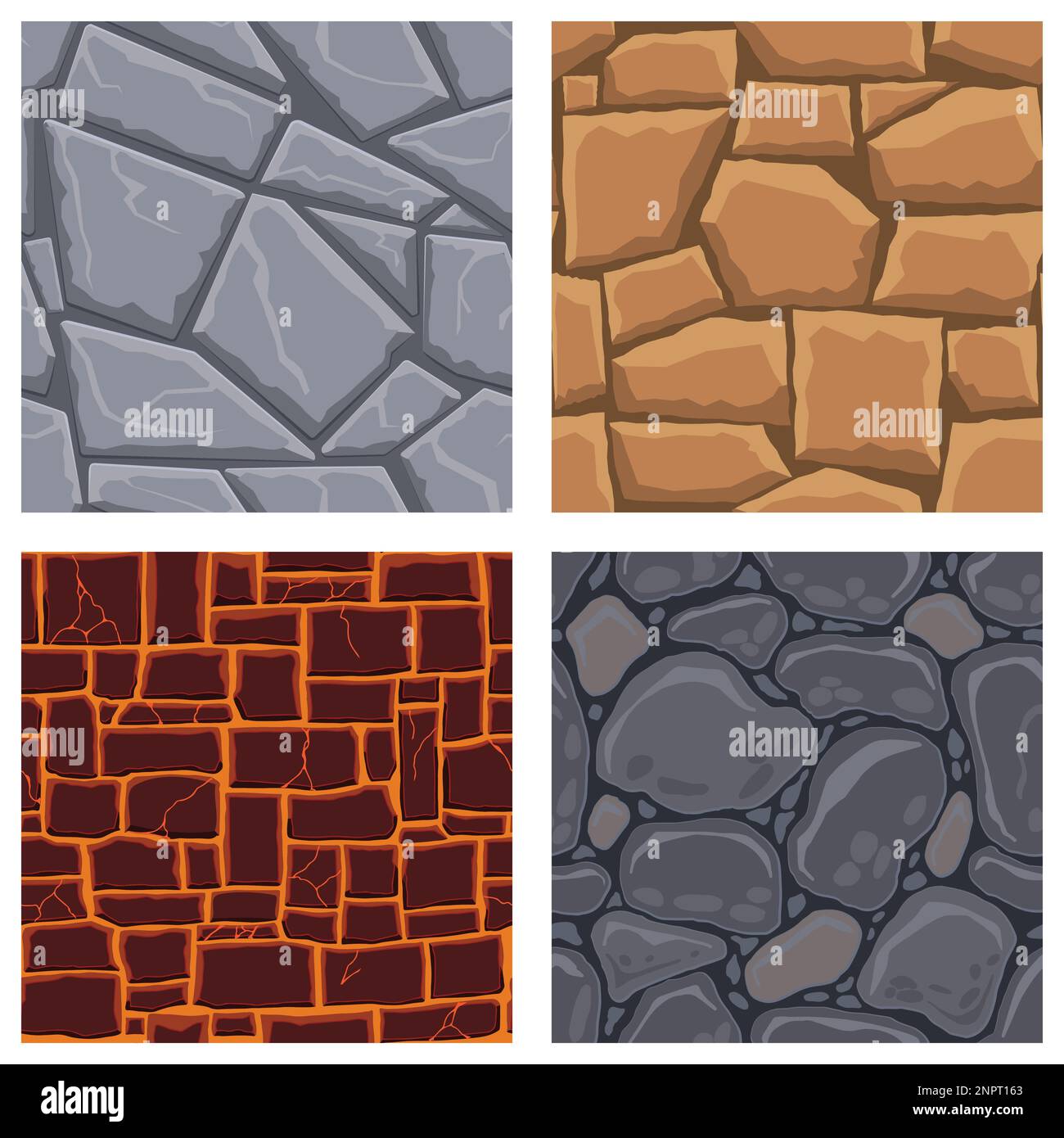 Cartoon game textures, lava, rocks and brick, dirt and ground surface ...