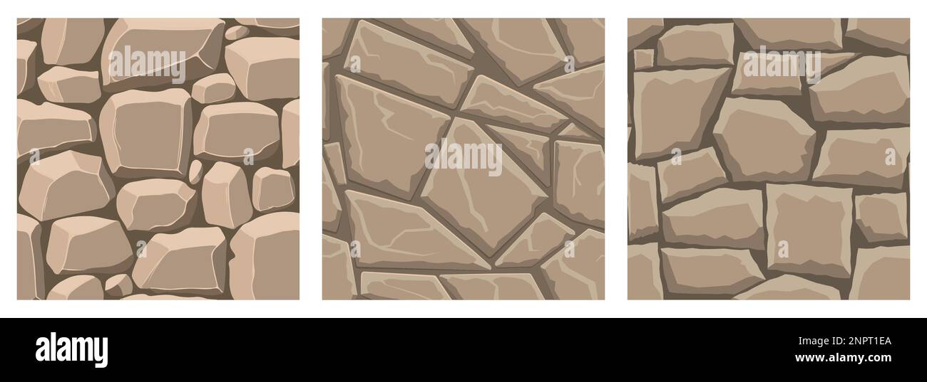 Cartoon game textures, rocks, dirt and ground surface seamless patterns ...