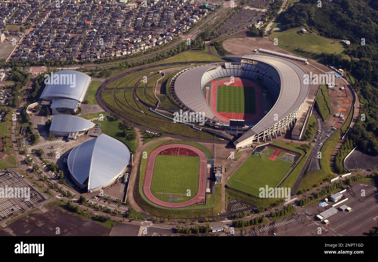An aerial photo shows Miyagi Stadium, which will be used for athletics ...