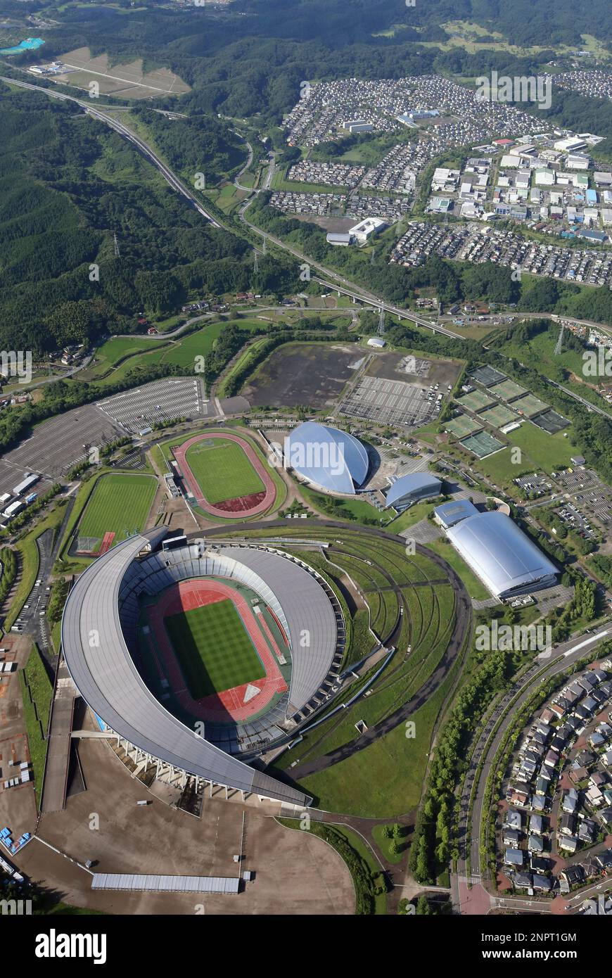 An aerial photo shows Miyagi Stadium, which will be used for athletics ...