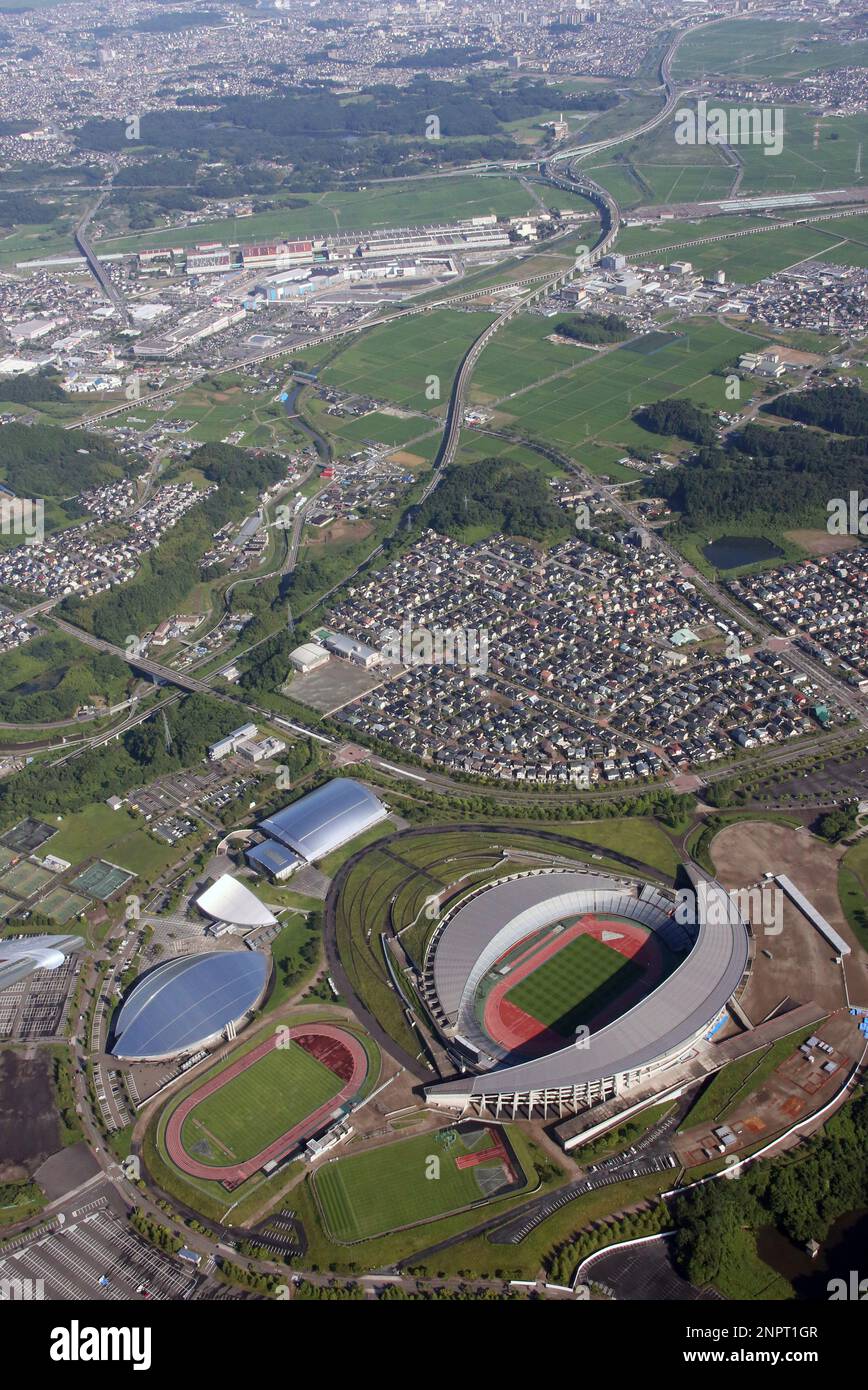 An aerial photo shows Miyagi Stadium, which will be used for athletics ...