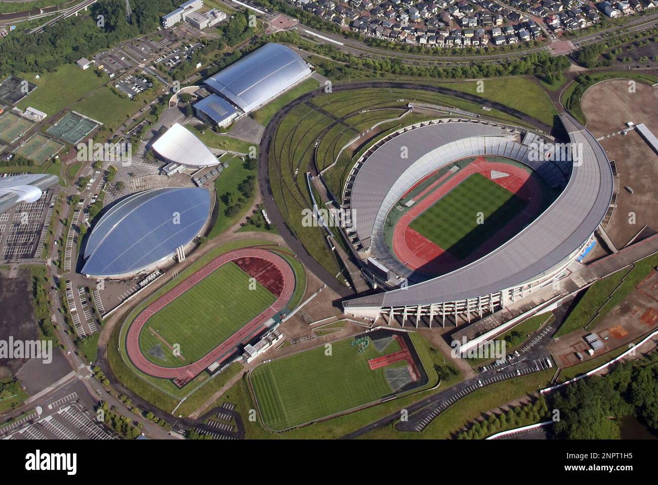 An aerial photo shows Miyagi Stadium, which will be used for athletics ...