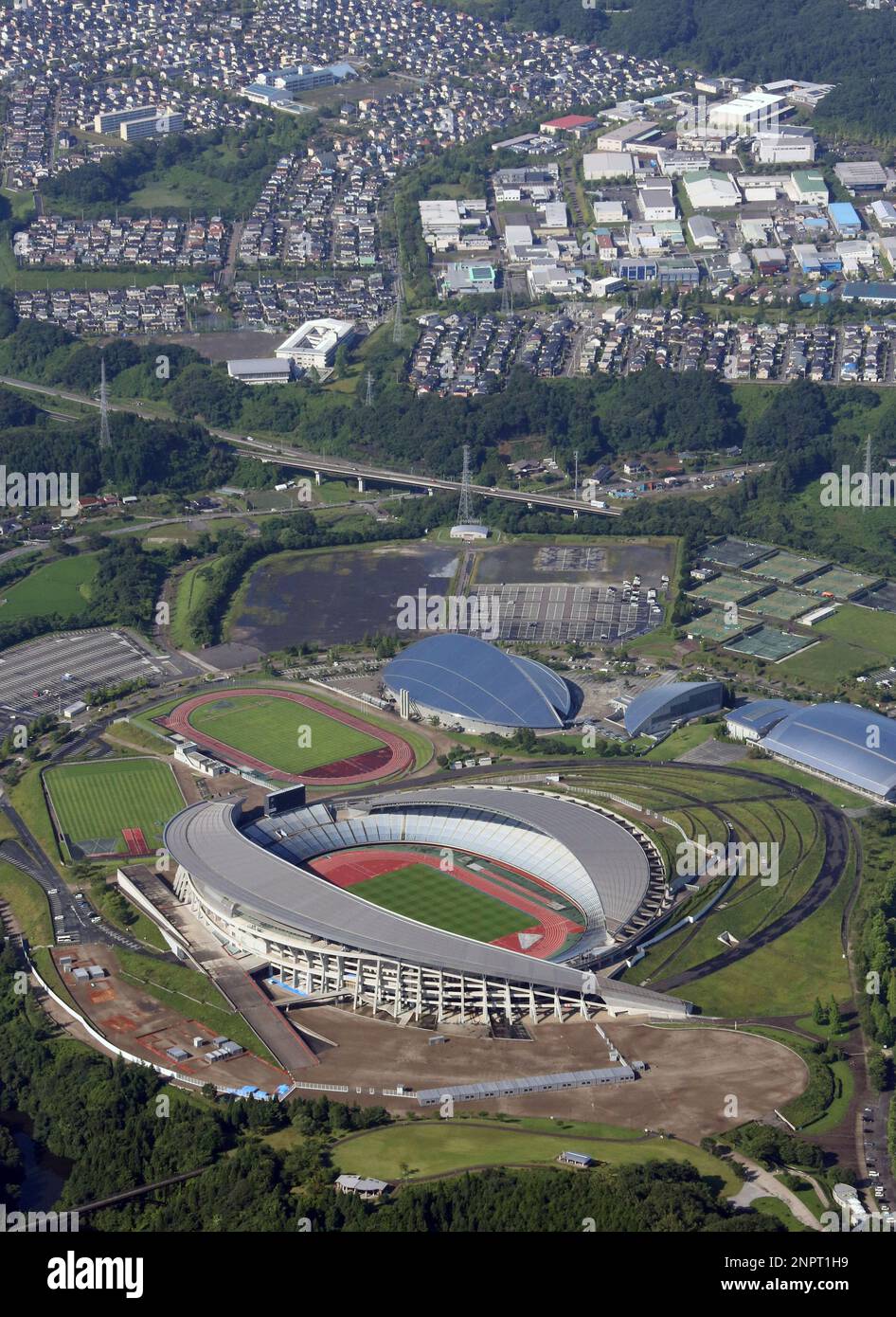 An aerial photo shows Miyagi Stadium, which will be used for athletics ...