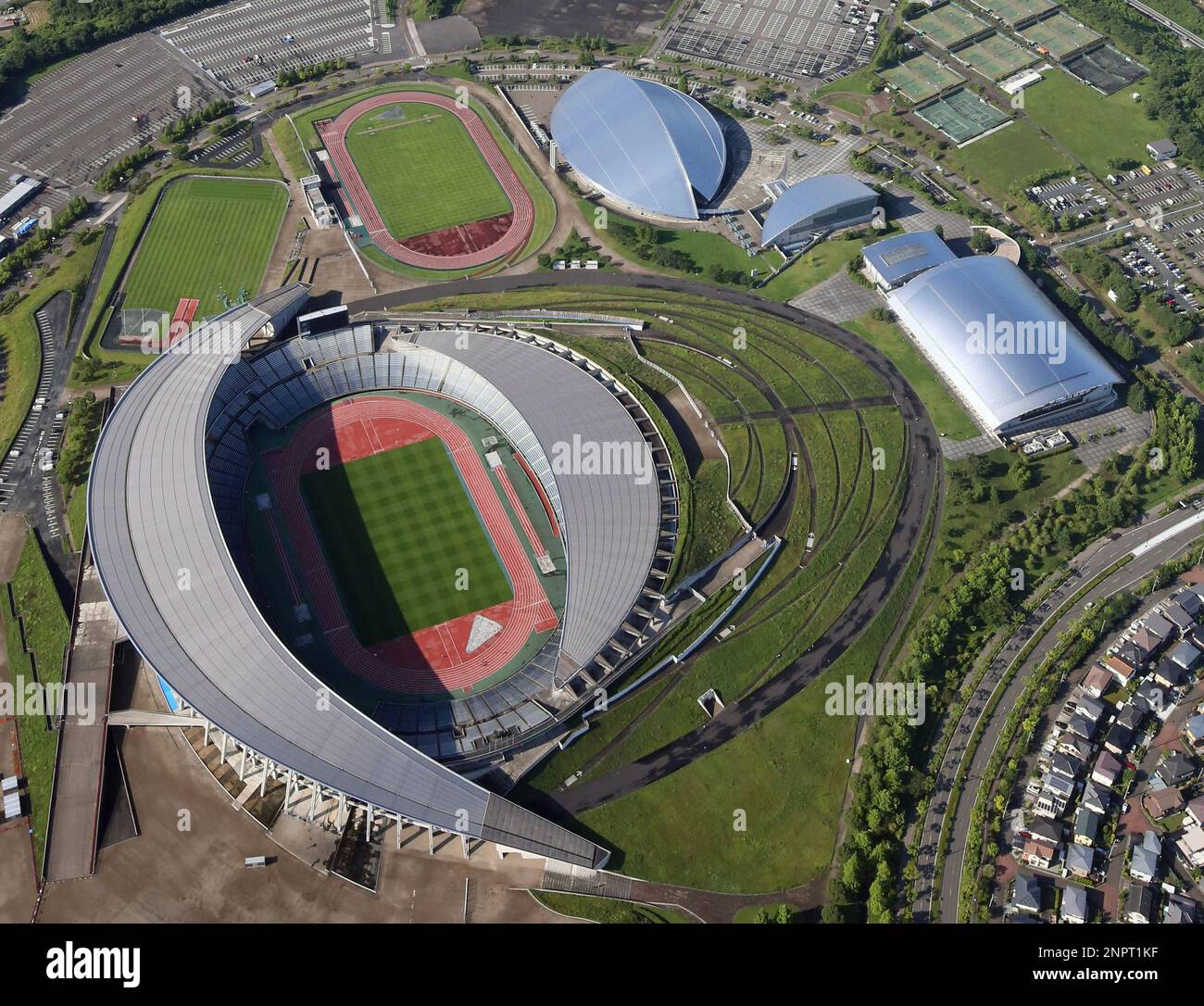 An aerial photo shows Miyagi Stadium, which will be used for athletics ...