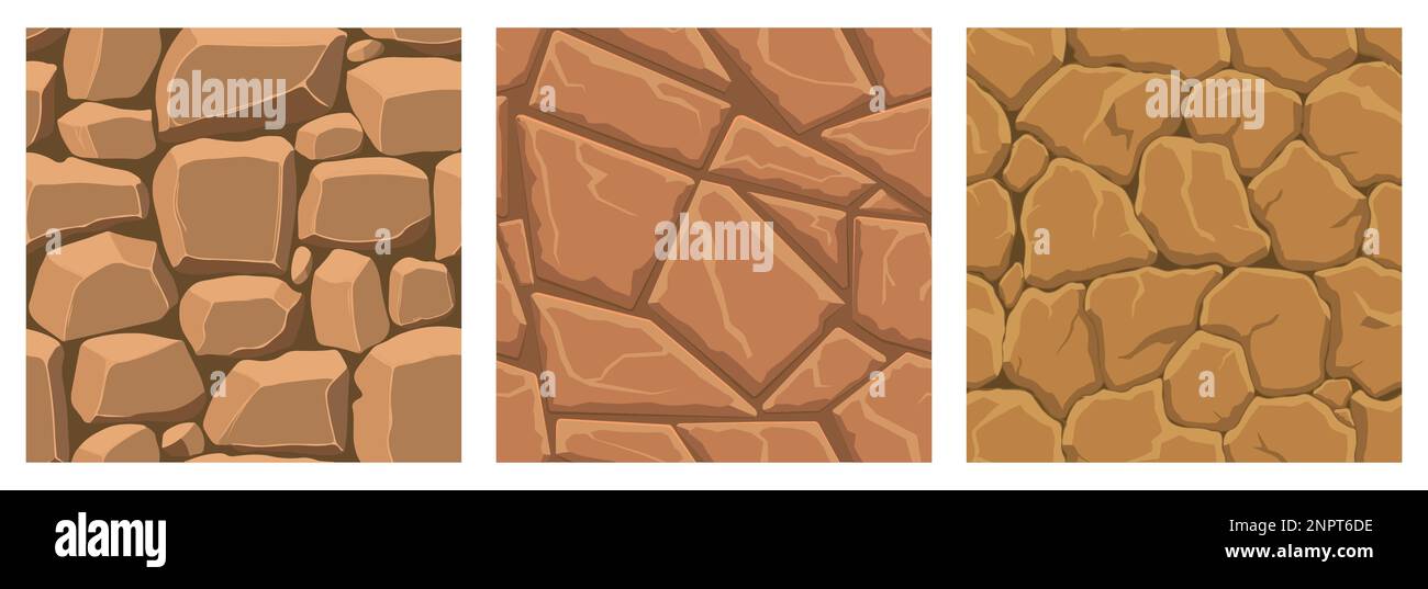 Cartoon game textures, rocks, dirt and ground surface seamless patterns ...