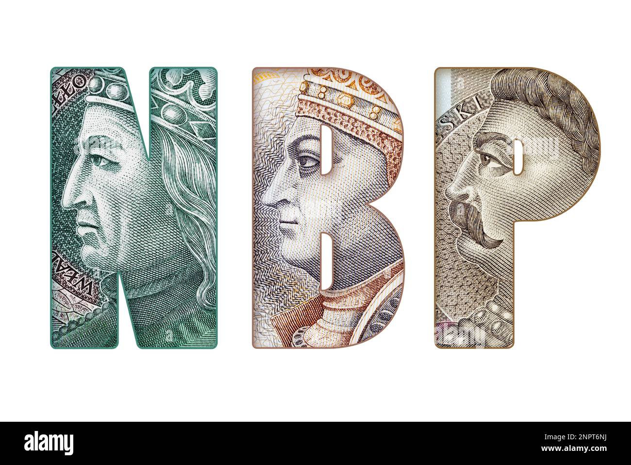Inscription NBP (National Bank of Poland) text made of Polish Banknotes ...