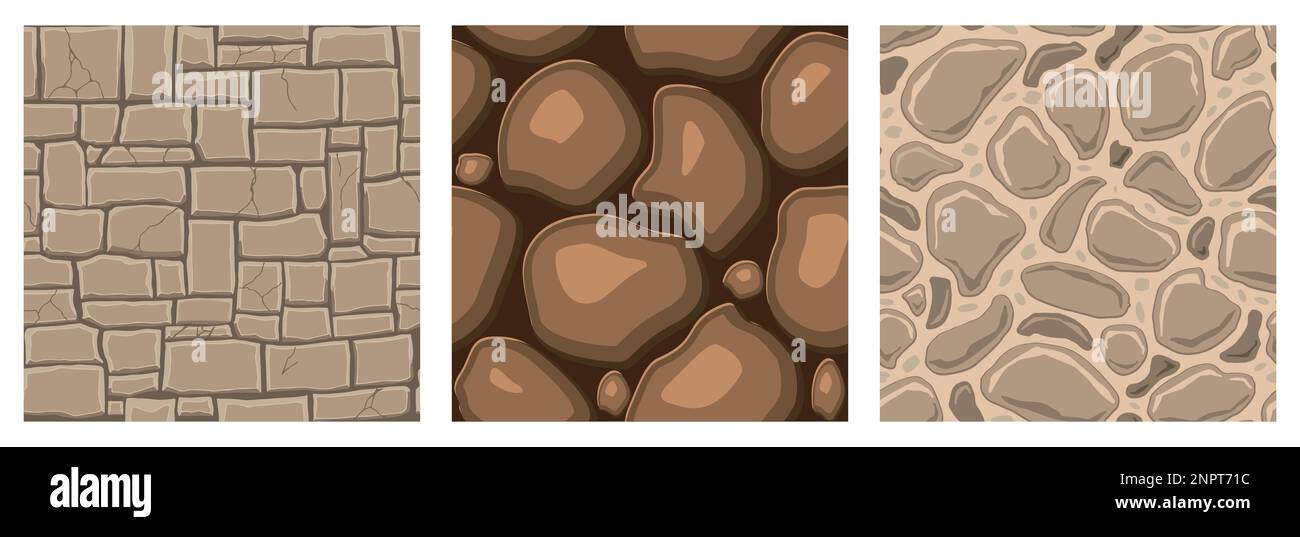 Cartoon game textures, rocks, dirt and ground surface seamless patterns ...
