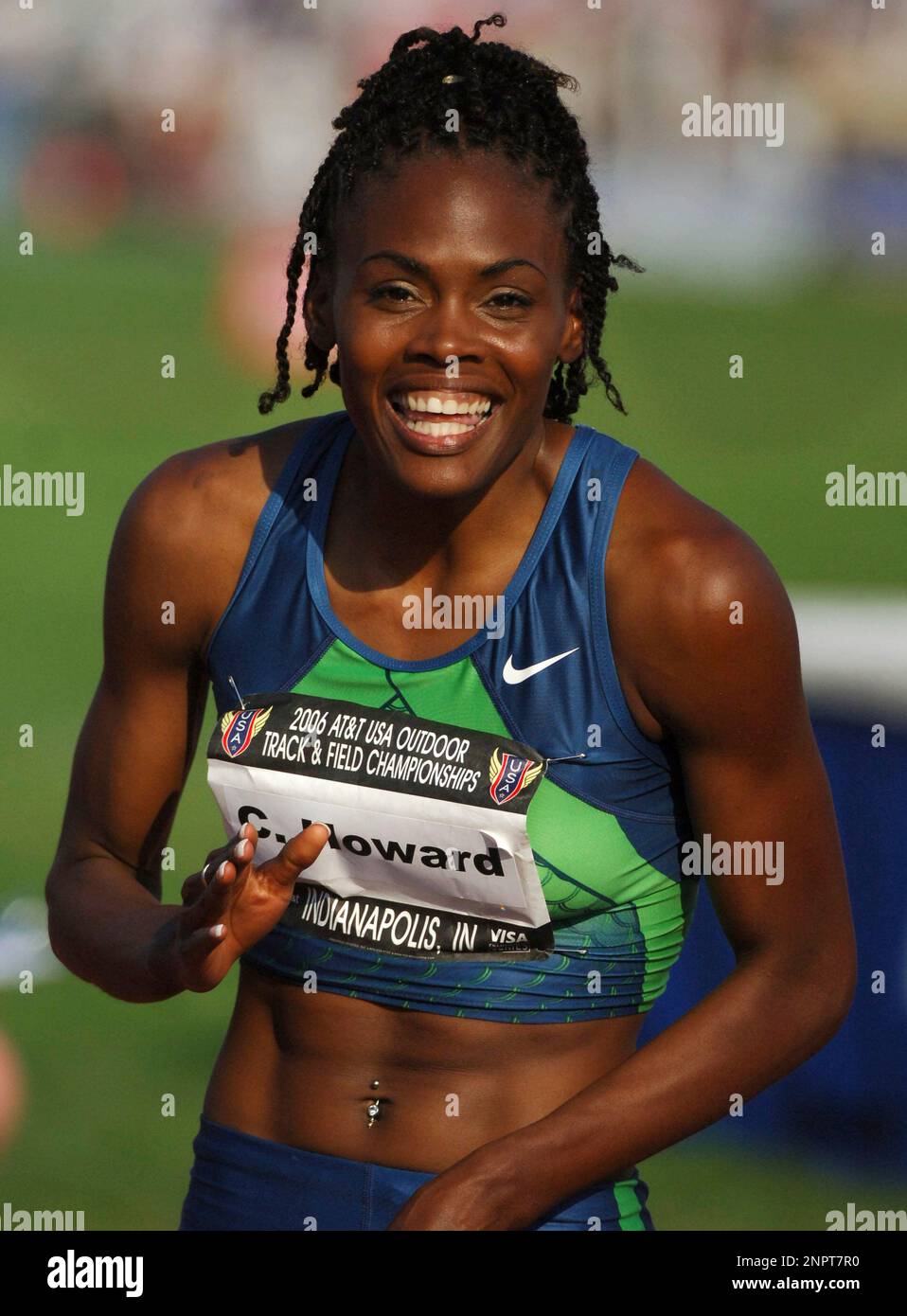 Chaunte Howard celebrates during the women's high jump competition in ...